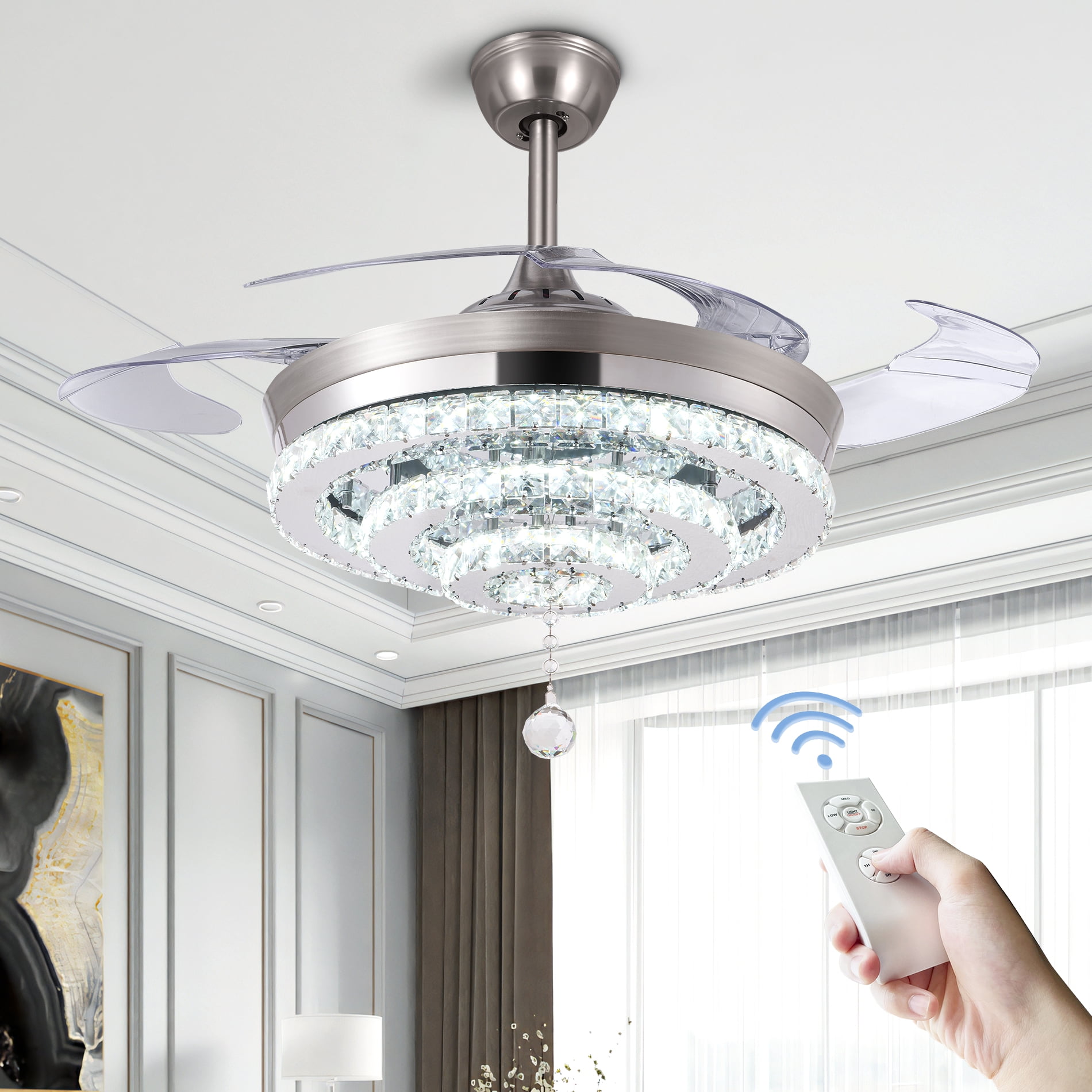 KPIBEST 42" Crystal Invisible LED Ceiling Fan Light Retractable ...