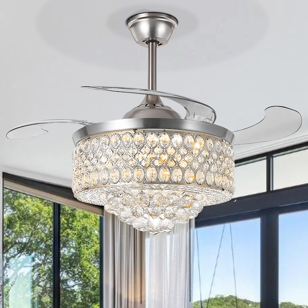 KPIBEST 42" LED Invisible Fandelier Crystal Retractable Ceiling Fans ...