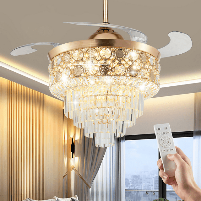 KPIBEST 5-Tier Modern Gold Electric Crystal Ceiling Fan Chandelier ...