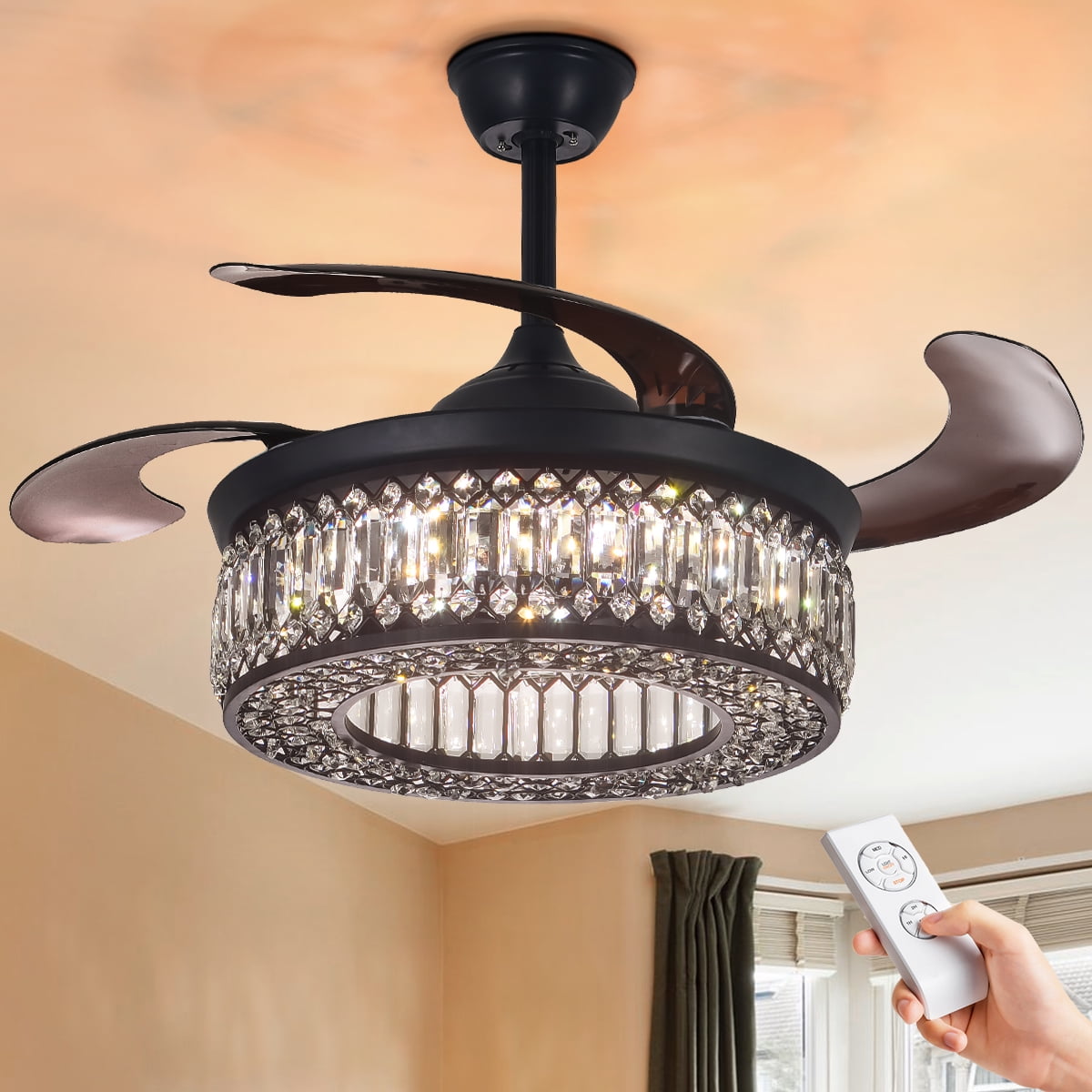 KPIBEST 42 inch Fandeliers Ceiling Fan Retractable Dimmable Crystal ...
