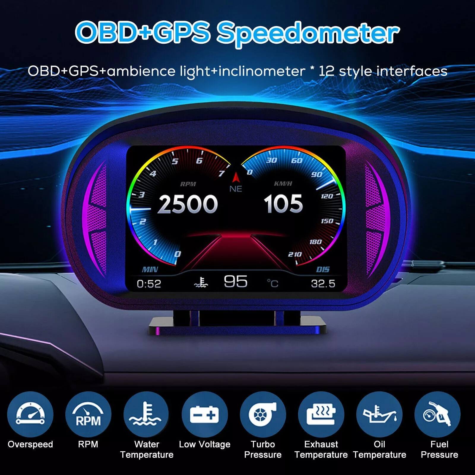 KPIBEST Car digital head-up display, OBD2+GPS HUD instrument ...