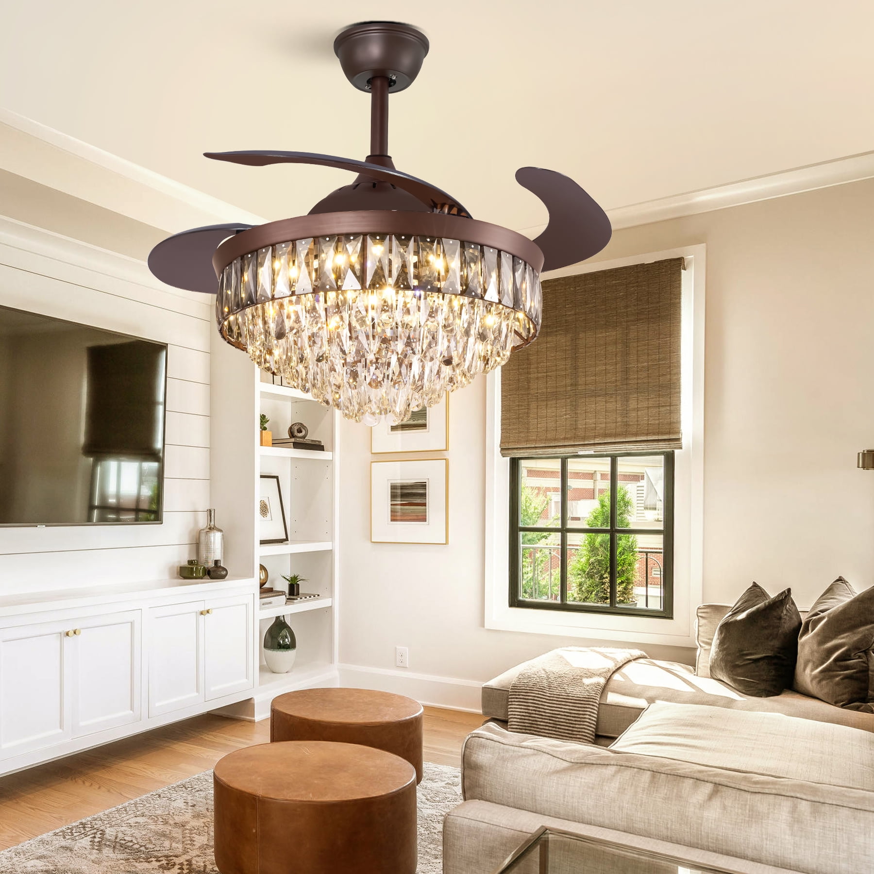 KPIBEST Crystal 42" Chandelier with Fan Remote Fandeliers 3 Color 3 ...