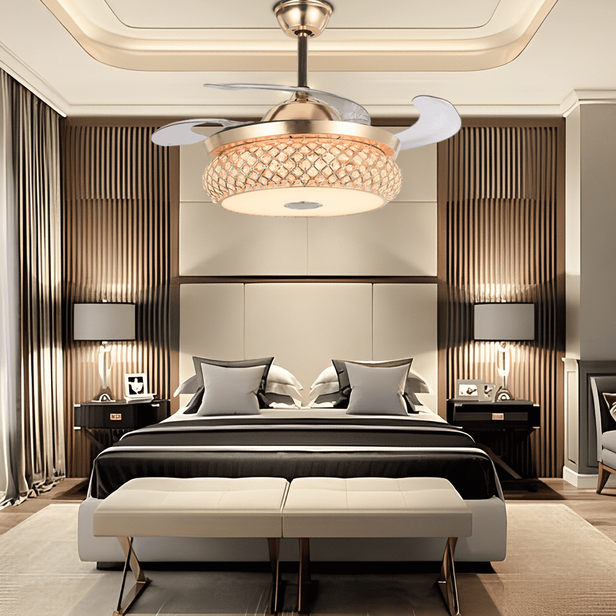 KPIBEST Fashion 42" Retractable Fan Light,Crystal Ceiling Fan with ...