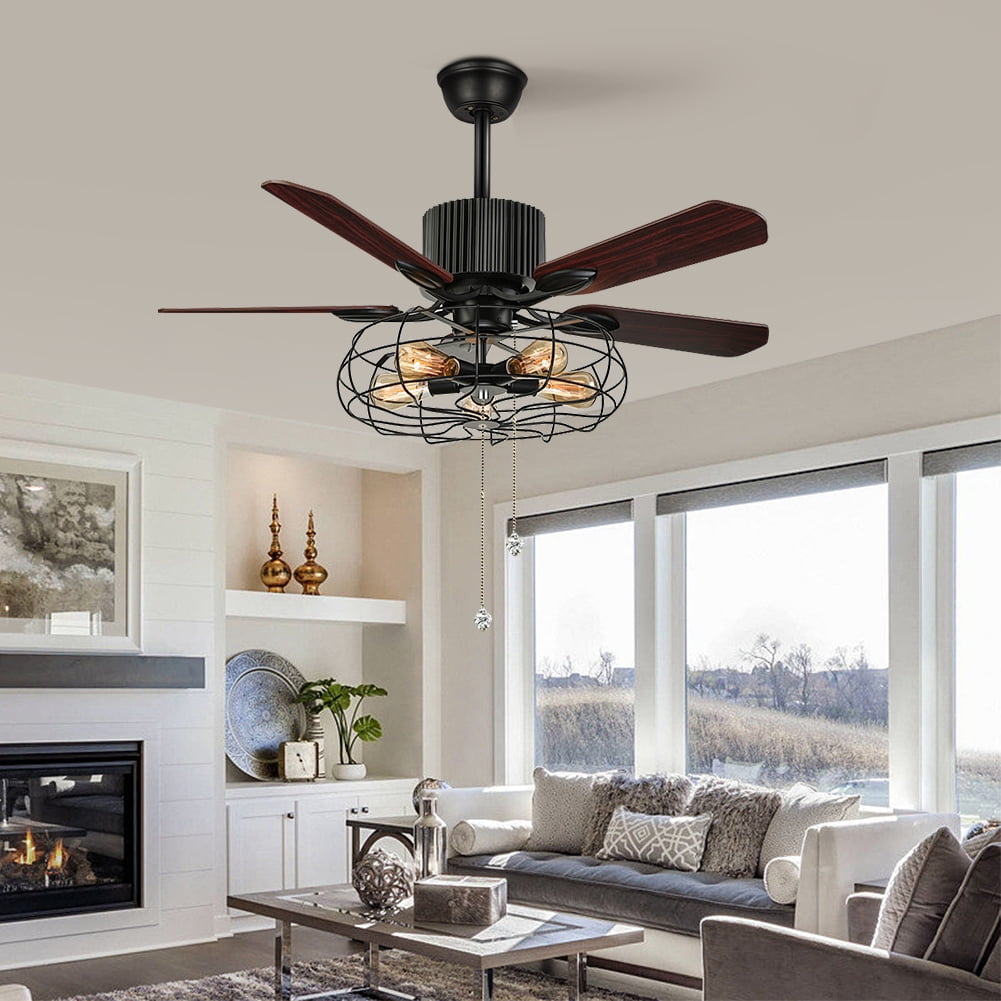 KPIBEST Industrial Caged Ceiling Fan Light with Remote Control 52 Inch ...