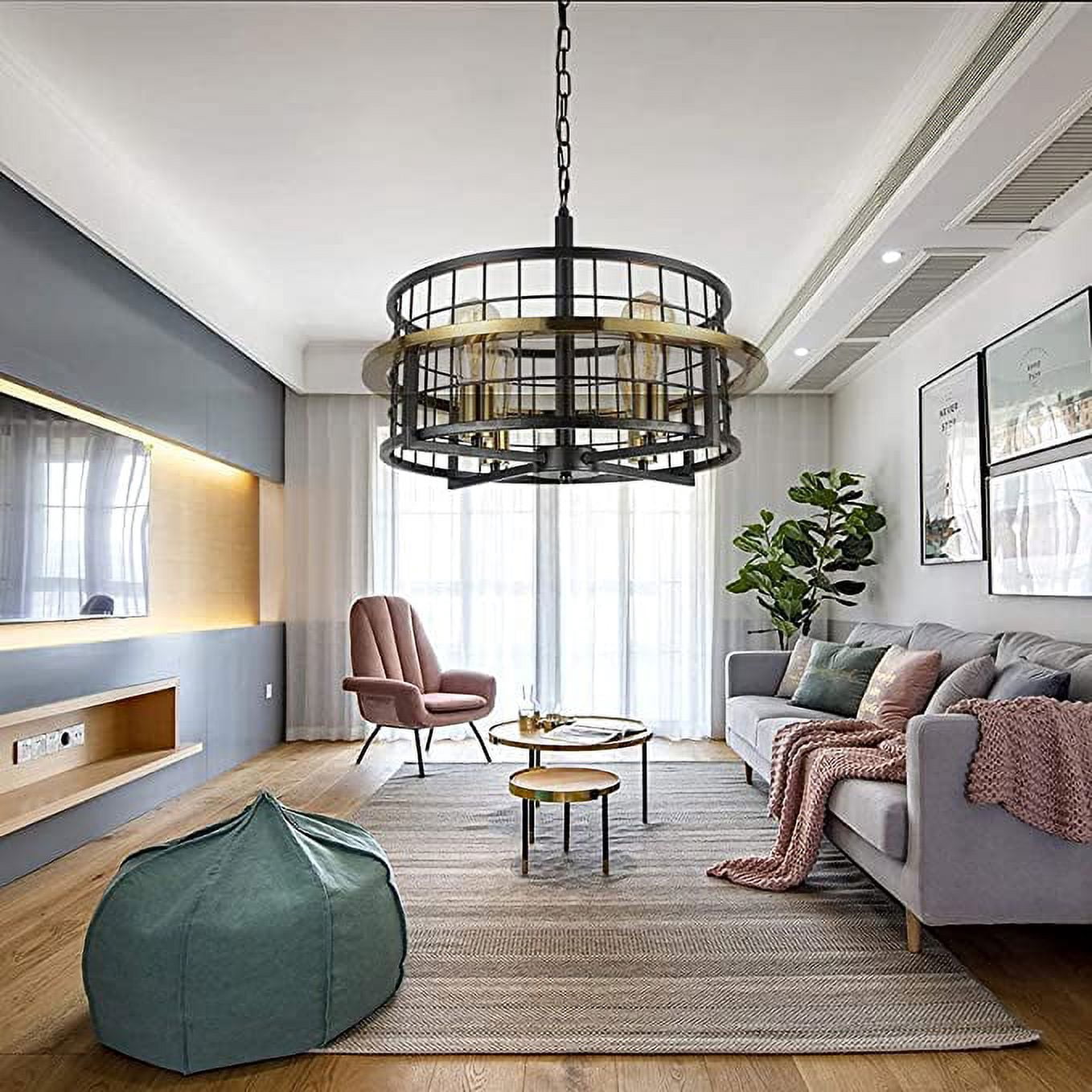 KPIBEST Modern 4-Light Farmhouse Metal Cage Ceiling Chandelier, Black ...