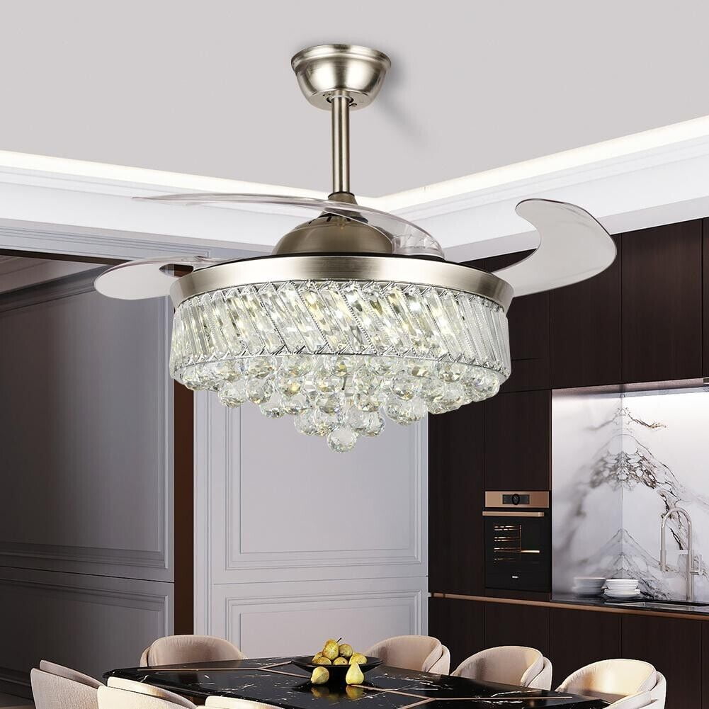 KPIBEST Modern 42 Inches Dimmable Fandelier Crystal Retractable Ceiling ...