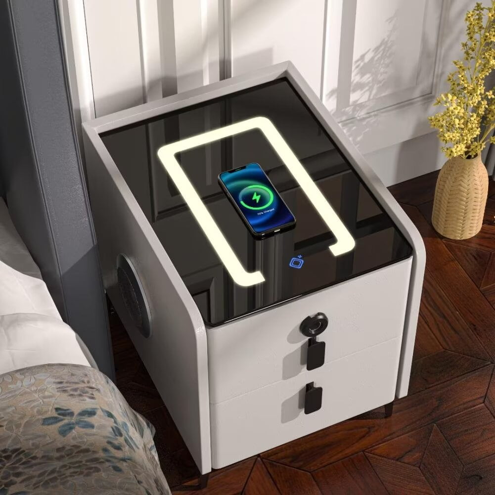 KPIBEST Modern double drawer smart bedside table, fingerprint unlocking ...