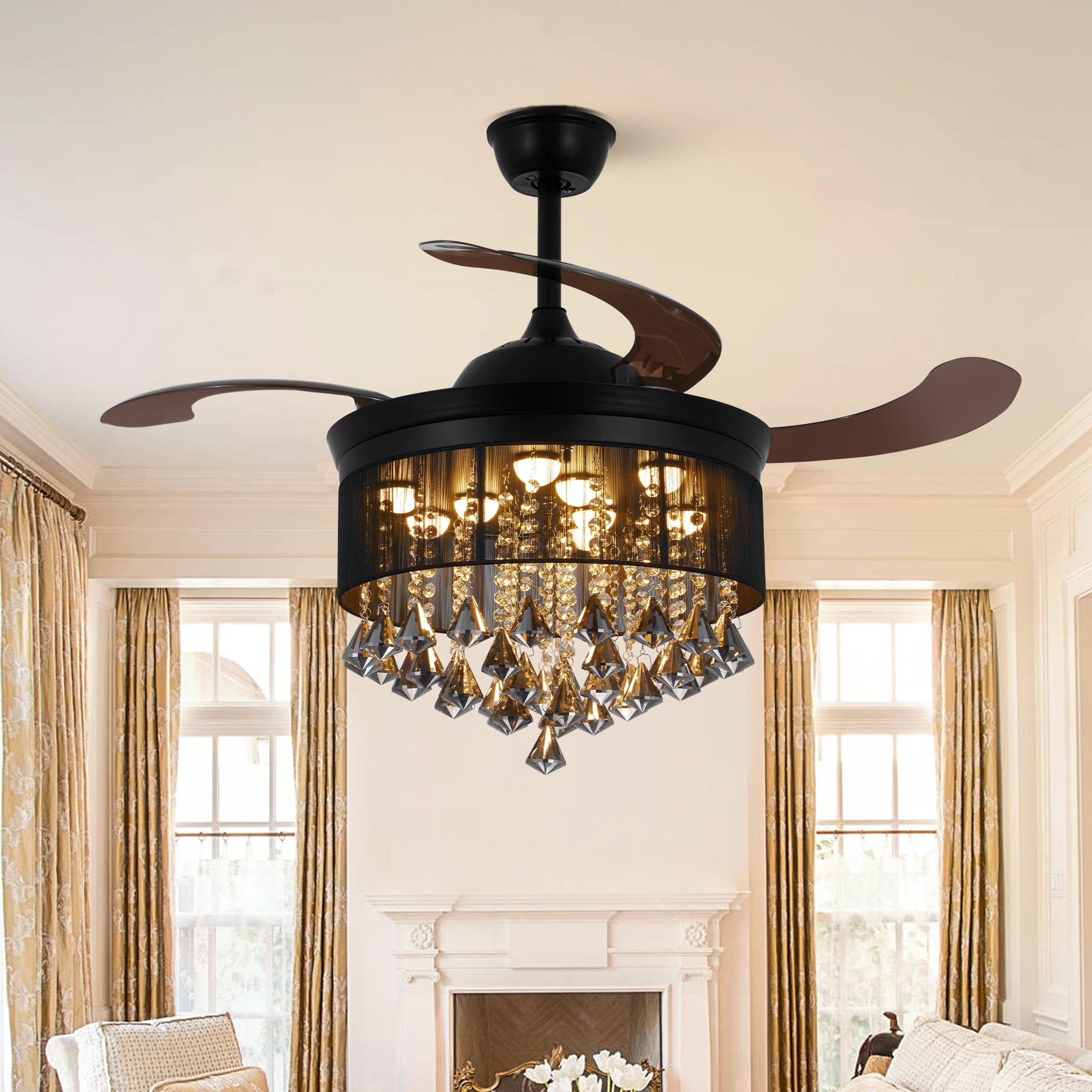 KPIBEST Mysterious Black Lighting 42" Dimmable Crystal Ceiling Fan ...