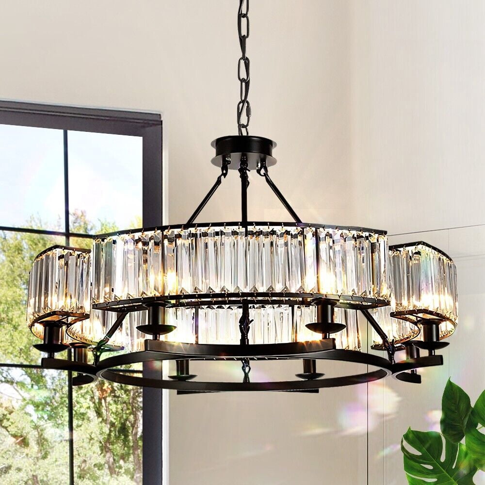 KPIBEST Round Crystal Chandelier Black Modern Industrial Pendant 8 ...