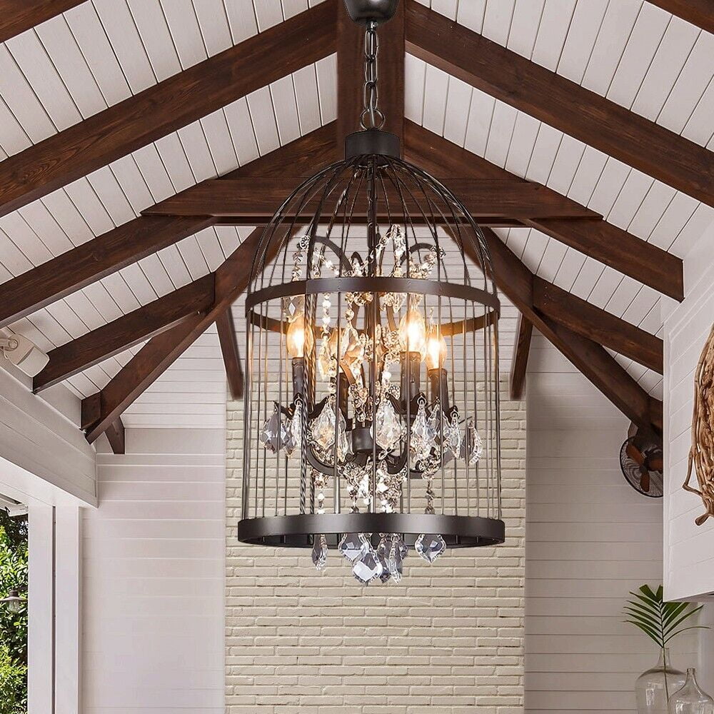 KPIBEST Vintage Wrought Iron Chandelier, Rustic Crystal Pendant Light ...