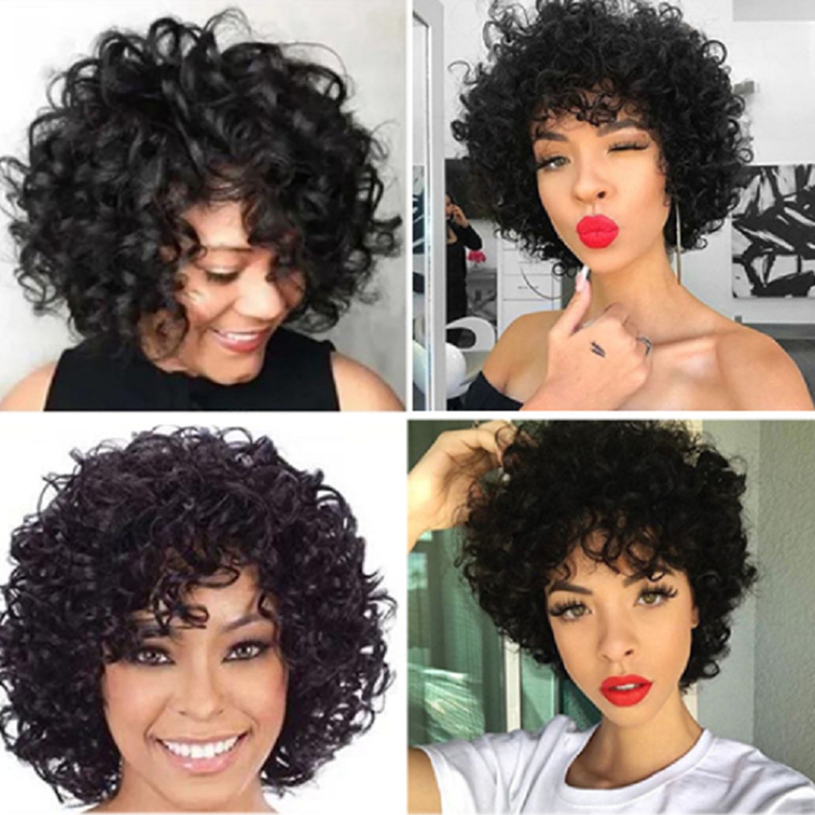 KPLFUBK Human Hair Wig Women's Wig Black Small Curly Wavy Fiber High ...