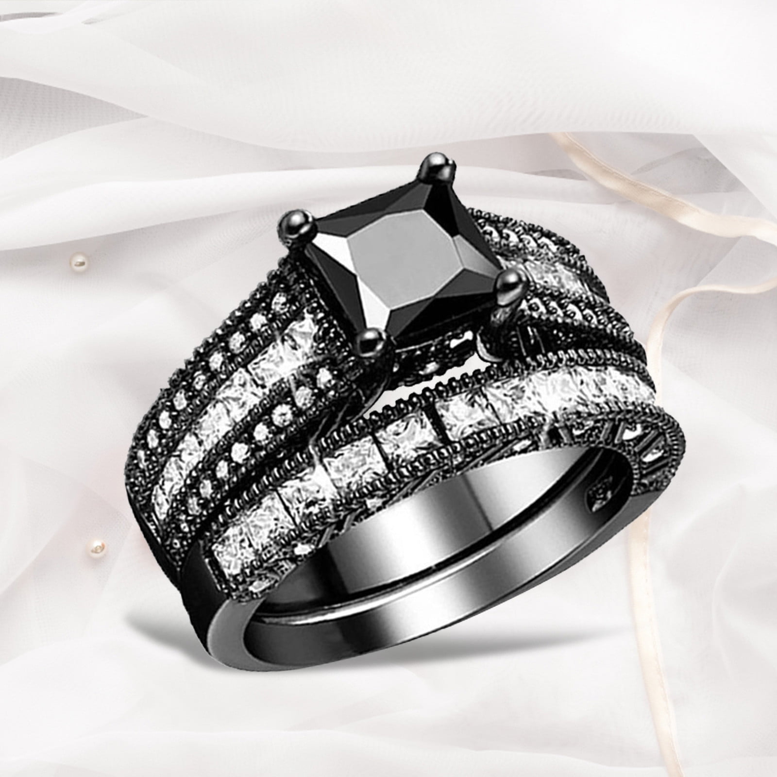 KPLFUBK Rings for Women 2 In 1 Womens Vintage Black Ring Diamond ...