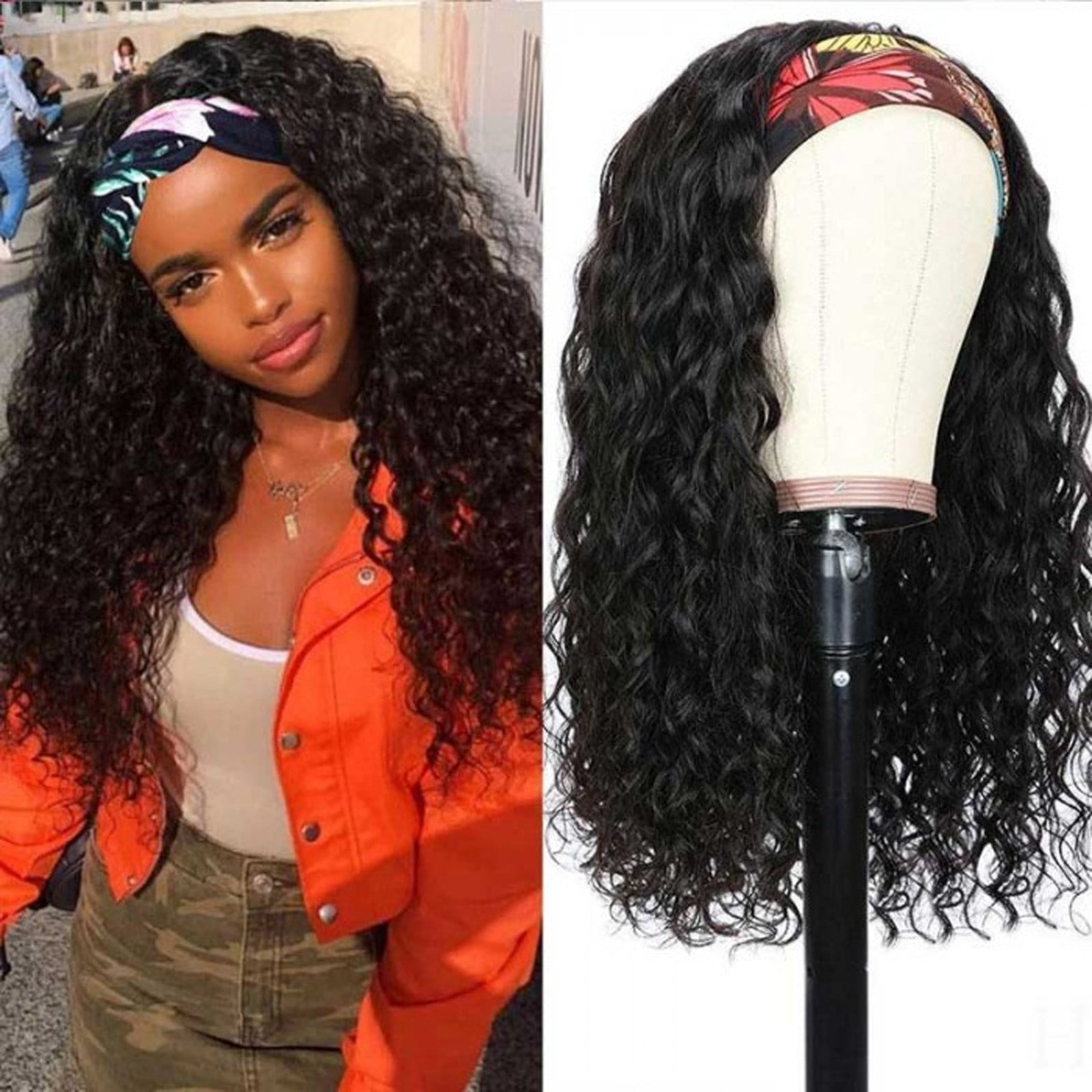 KPLFUBK Wavy Wig 14 Inch HeadBand Wig Curly Human Hair Wig for Black ...