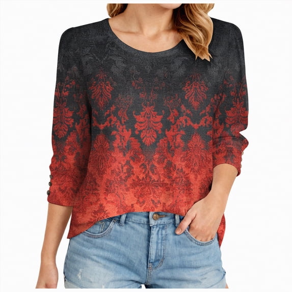 KPOPLK 3/4 Length Sleeve Womens Tops Crew Neck Loose Fit Shirts Pleated ...