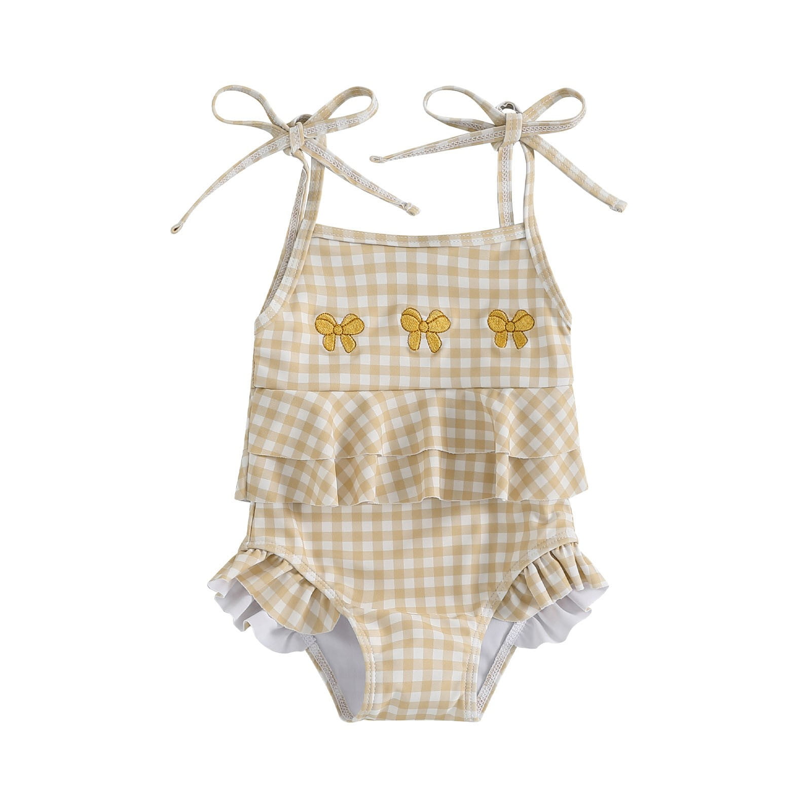 KPOPLK Toddler Baby Girl Swimsuit Bow Embroidery Checkered Print Ruffle ...
