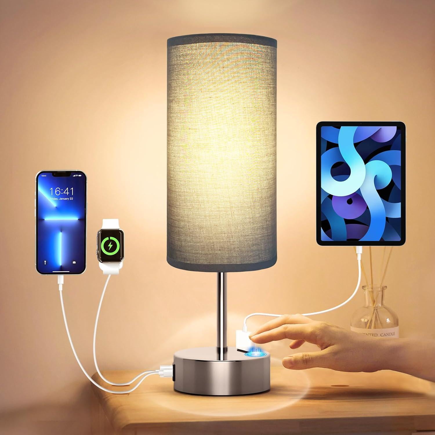 KPQ Bedside Lamp Touch Control Table Lamp with USB A+C Charging Ports ...