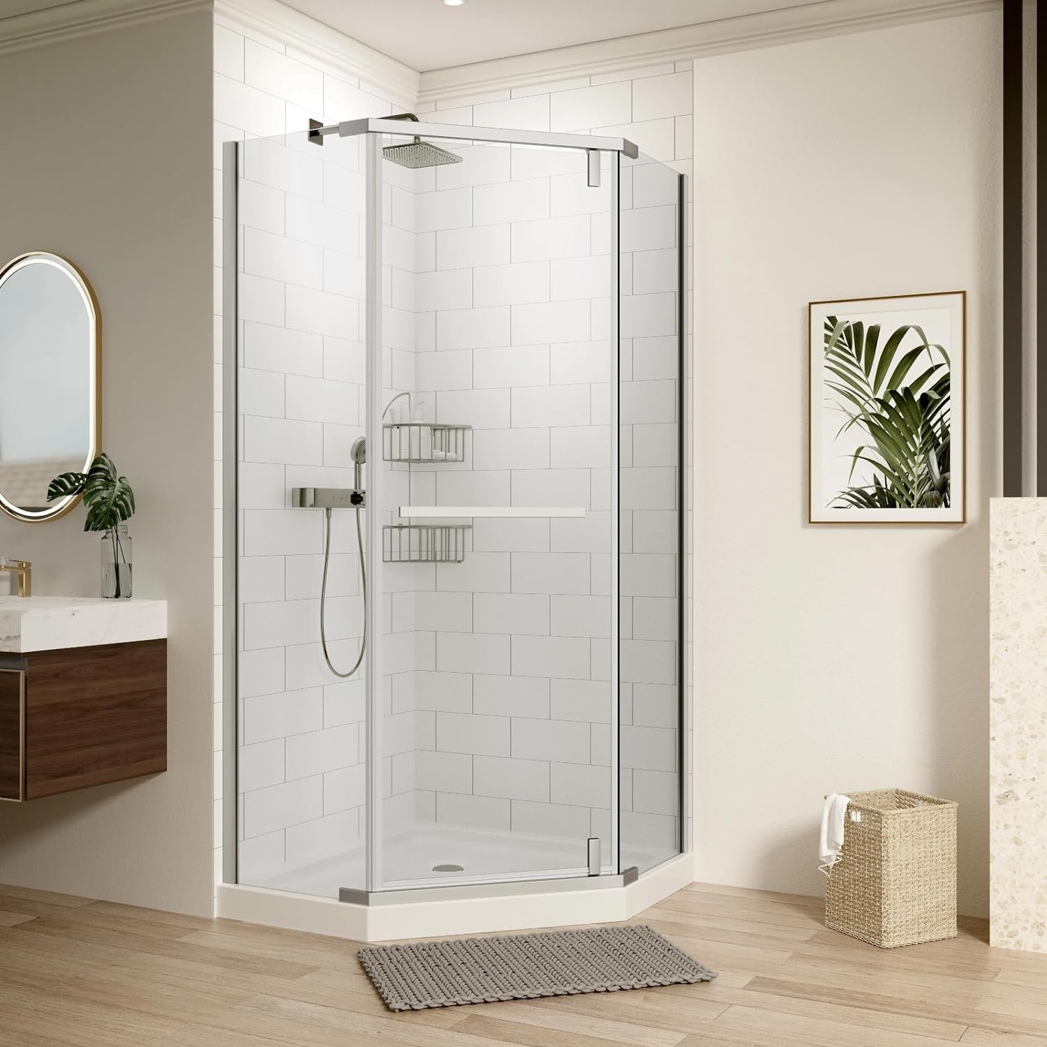 DreamLine Prism Plus 42 in. x 74 3/4 in. Frameless Neo-Angle Shower Enclosure in Chrome with ...