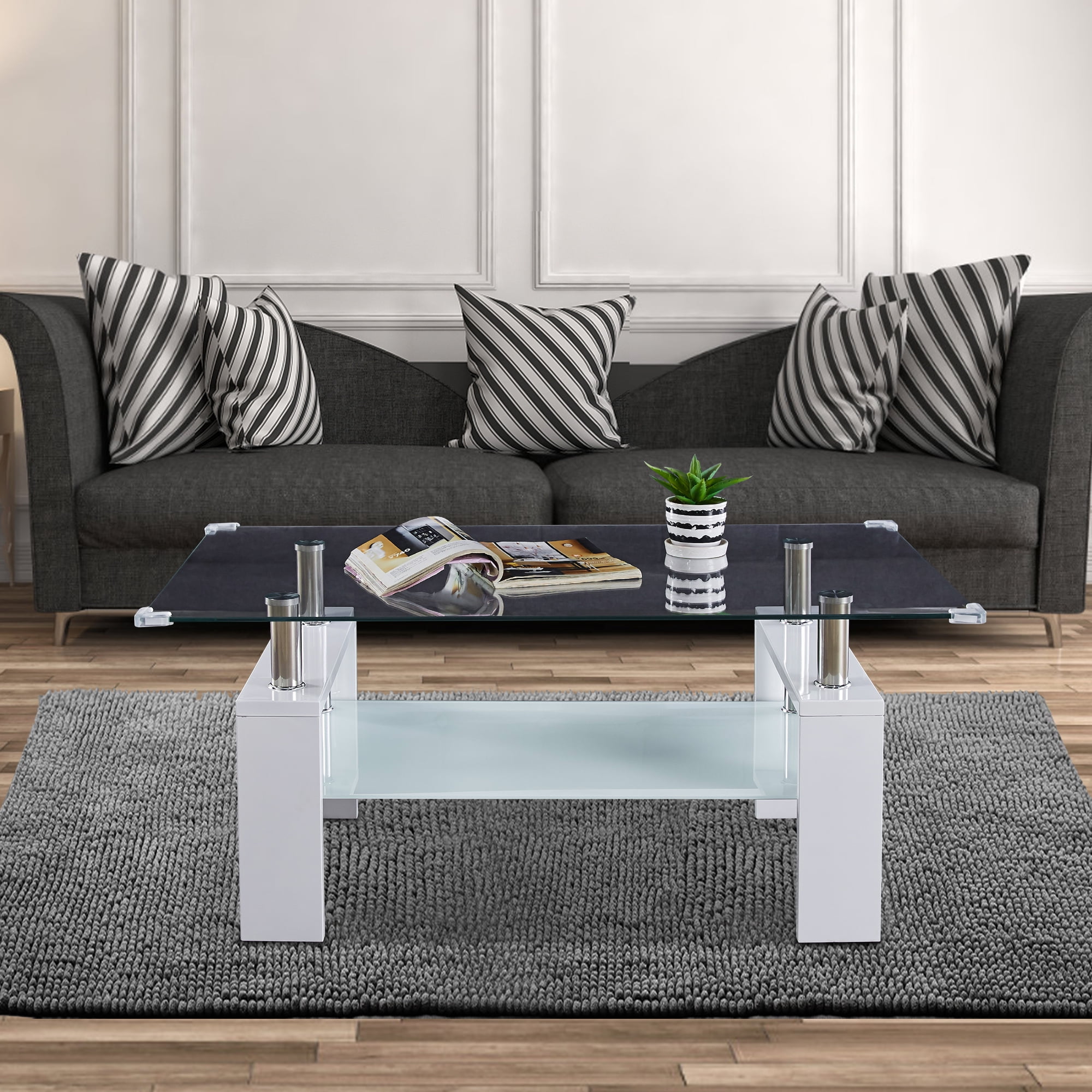 KPUY Tempered Glass Coffee Table with Lower Shelf, Modern Coffee Table ...