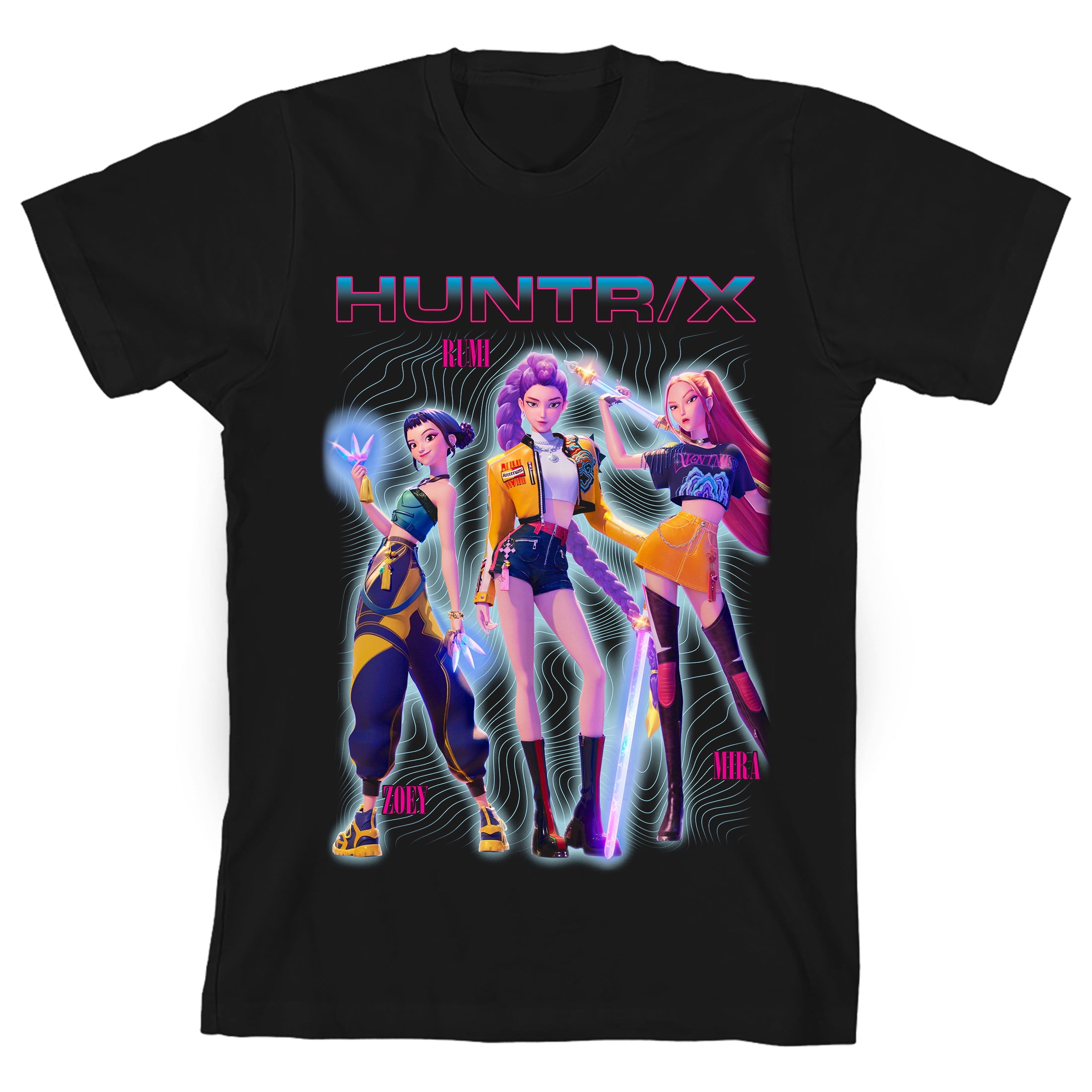 KPop Demon Hunters Huntr/X Group Shot Youth Black Crew Neck Short ...