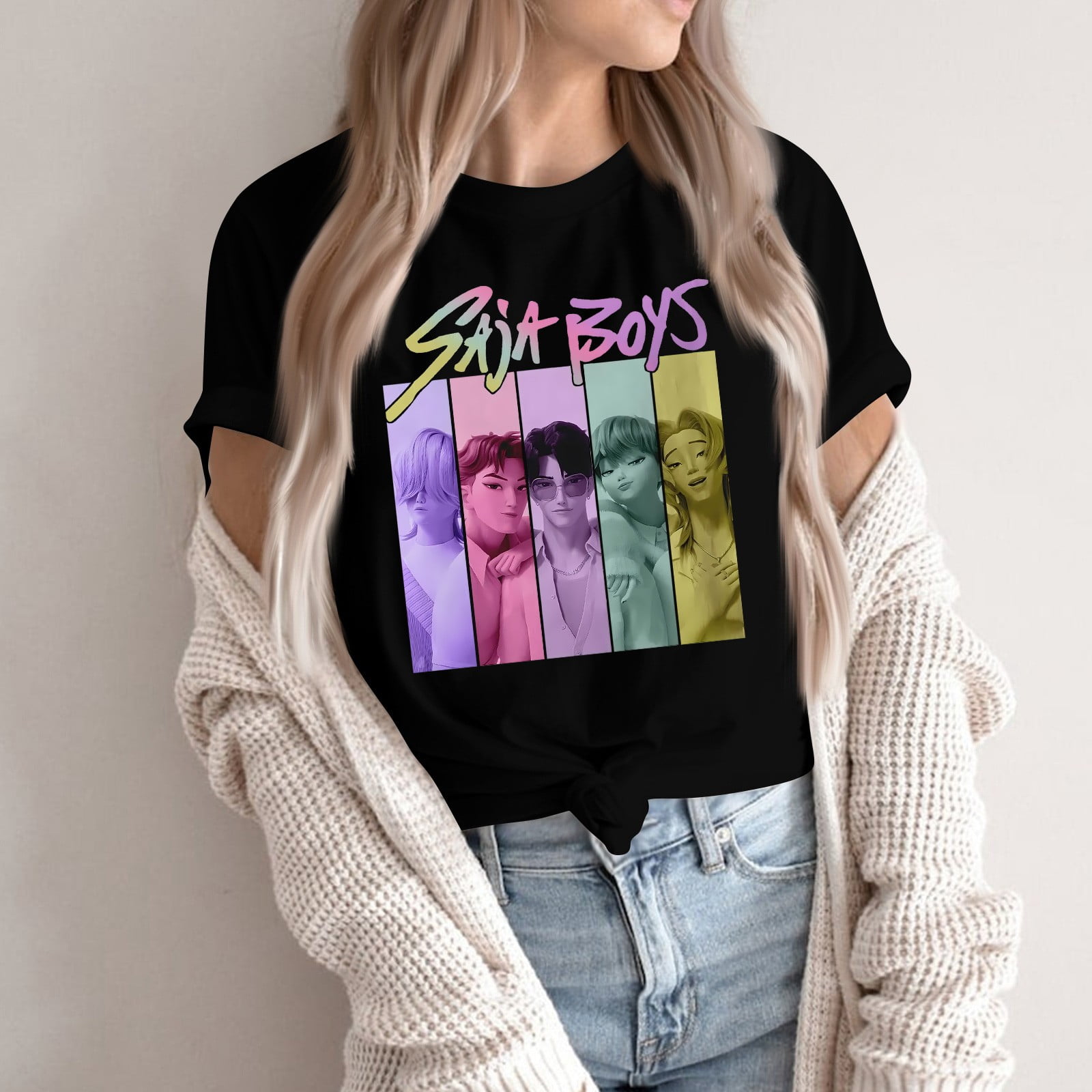 KPop Demon Hunters Women's Summer Tops - Saja Boys Graphic Short Sleeve ...