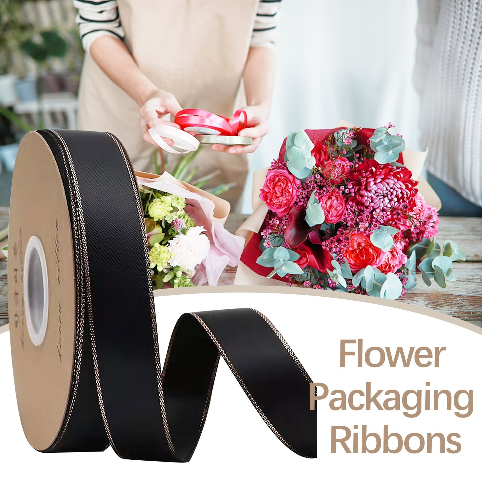 KQJQS 2.3cm Double Gold Edged Polyester Ribbon Gift Flower Packaging ...