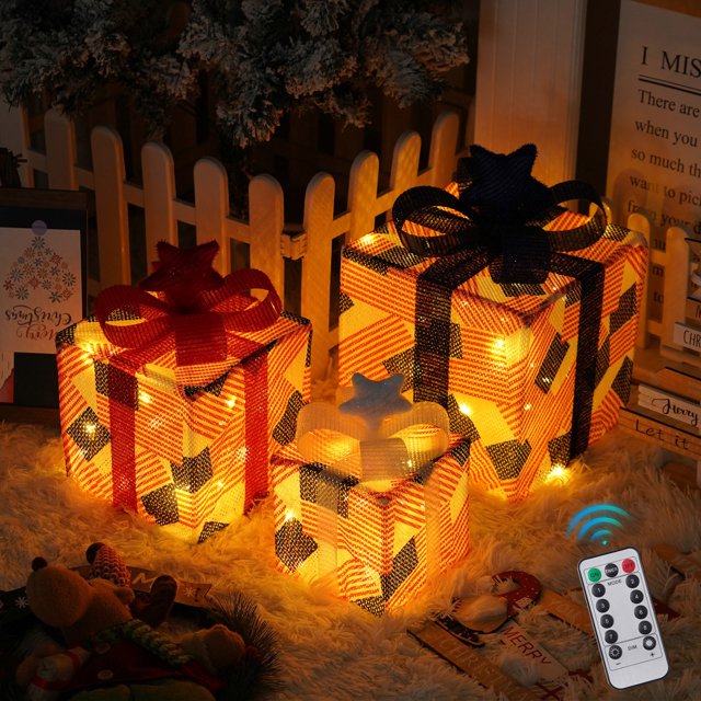 KQJQS Christmas Lighted Boxes Remote Control, Set Of 3 LED Up Decor ...