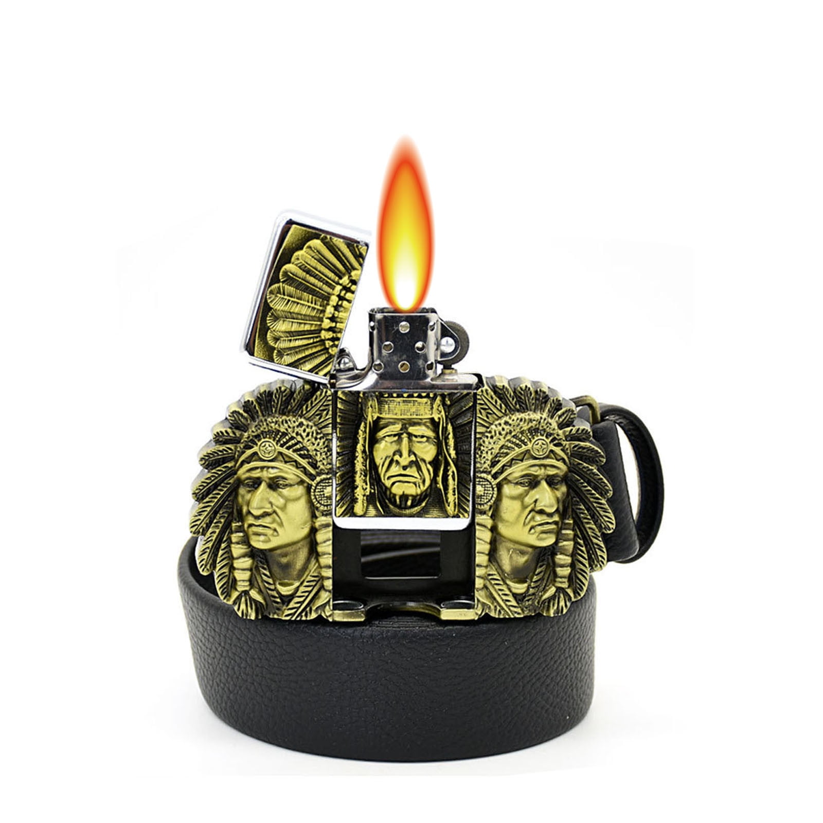 KQJQS Indian Oil Lighter Belt Buckle with Black Genuine Leather Belt ...