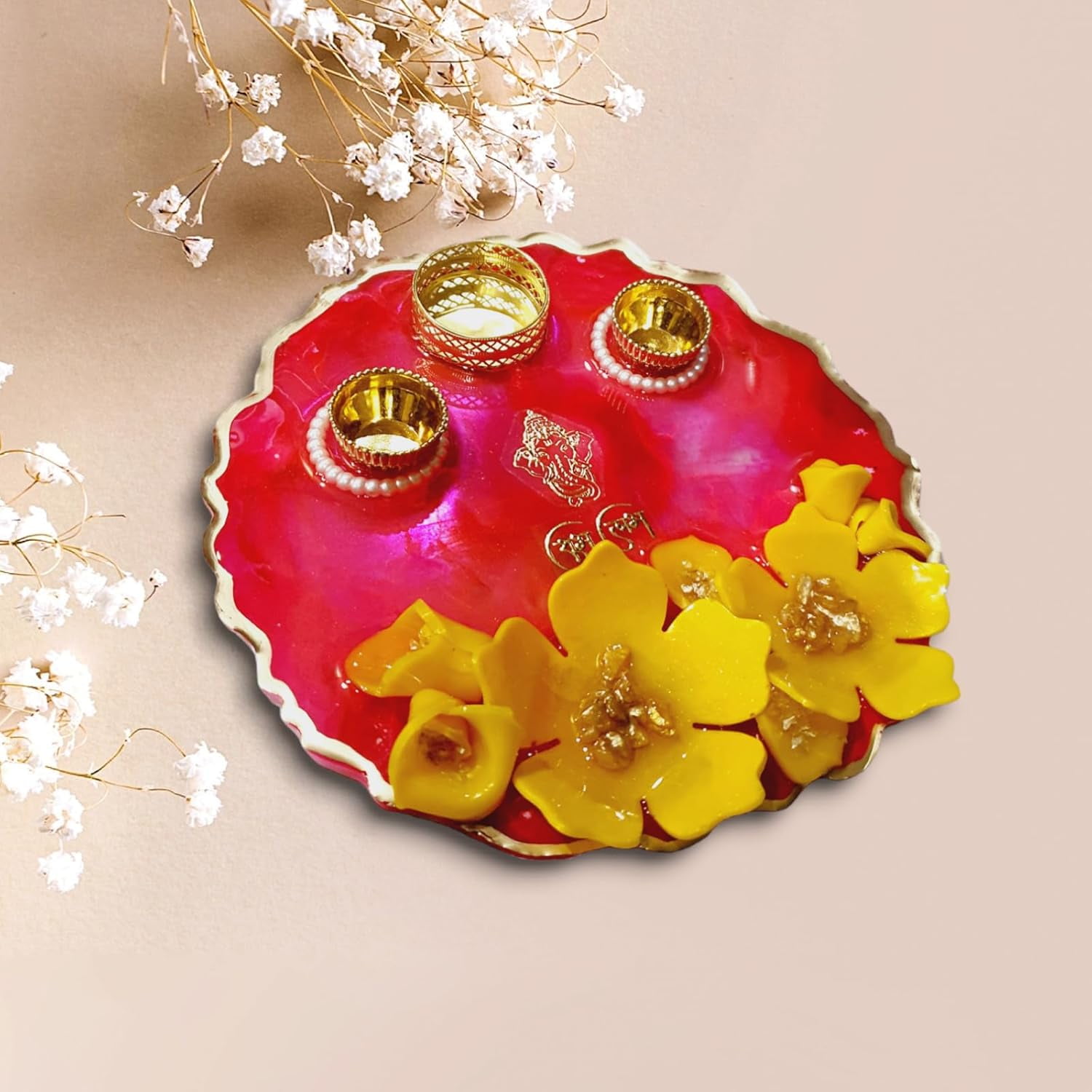 KRAFTISTIC ARTS Resin 8 Handmade Pooja ThaliPlatterRoli chawalTLight ...