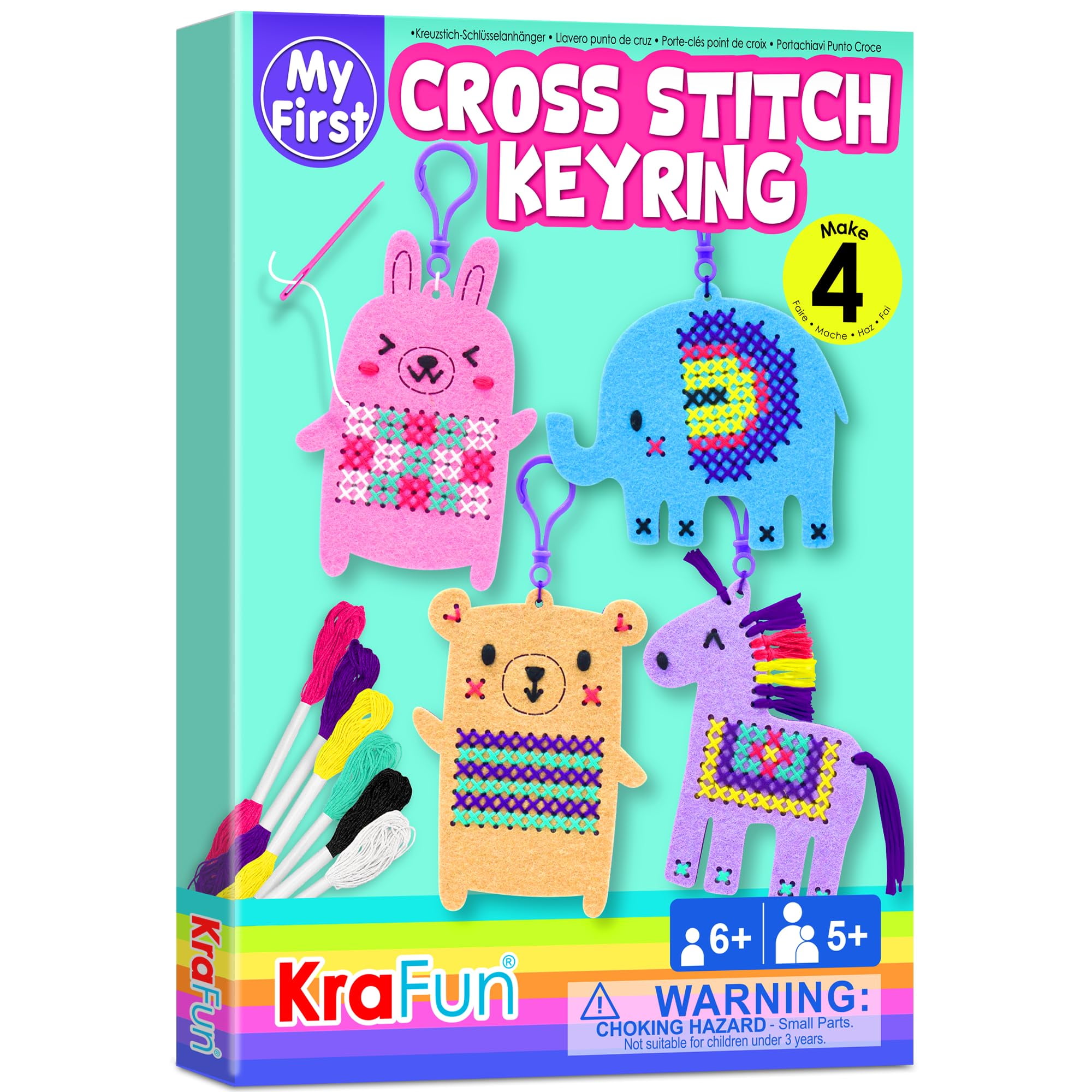 KRAFUN Cross Stitch Kits for Kids Beginners, 4 Cross Stitching Keyrings ...