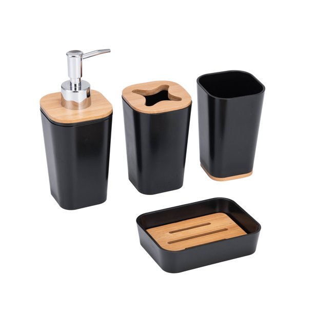 KRALIX Bathroom Set 4 Pieces Black Plastic/Bamboo Bathroom Accessories ...