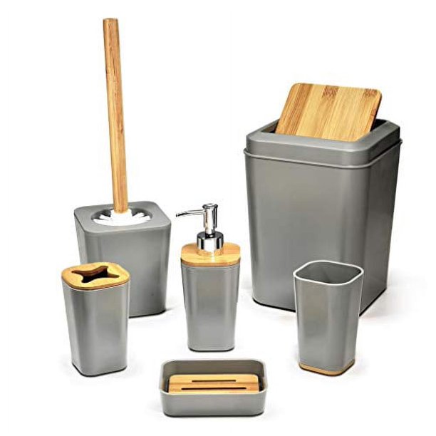 KRALIX Bathroom Set 6 Pieces Gray Plastic/Bamboo Bathroom Accessories ...
