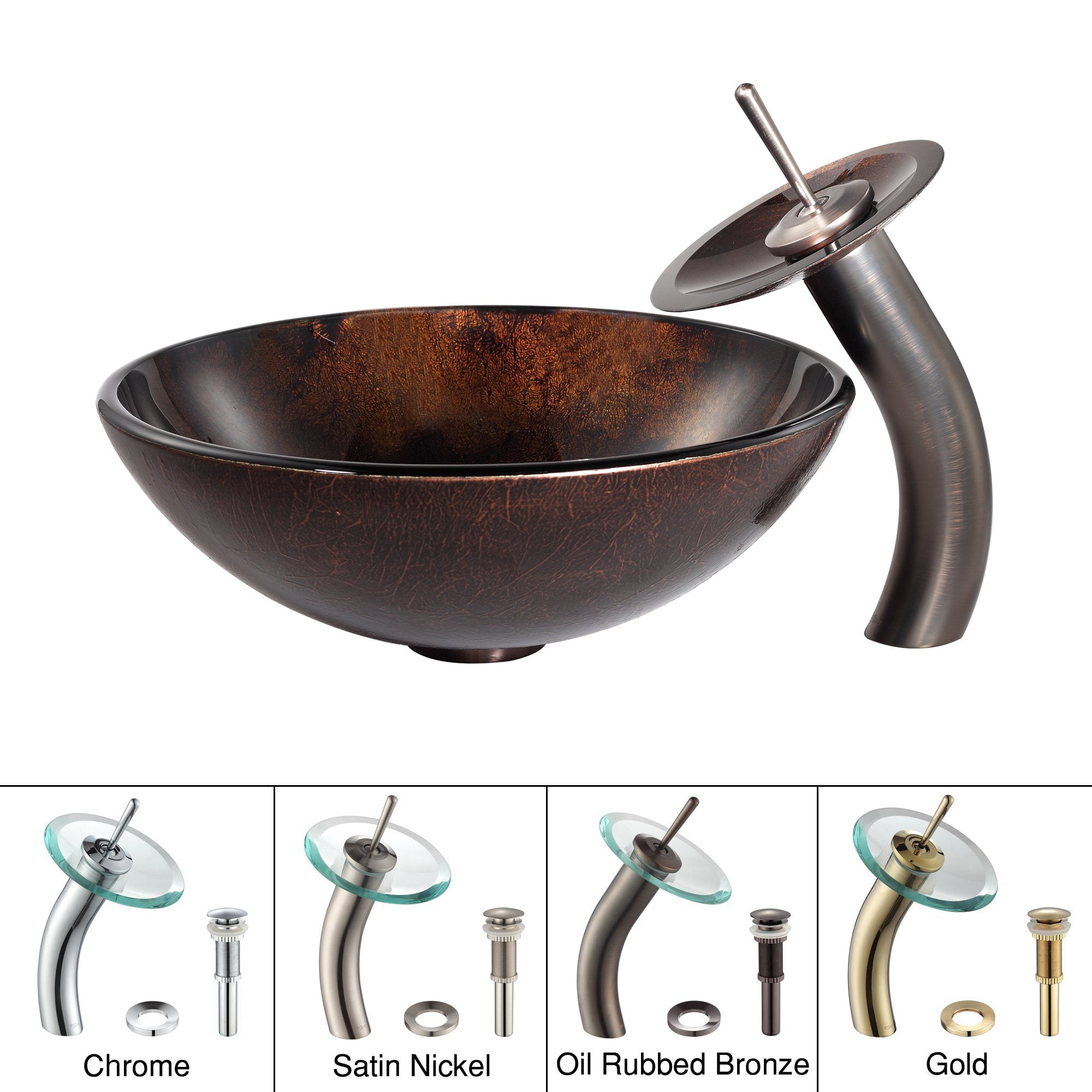 KRAUS Pluto Glass Vessel Sink in Brown with Waterfall Faucet in Oil ...