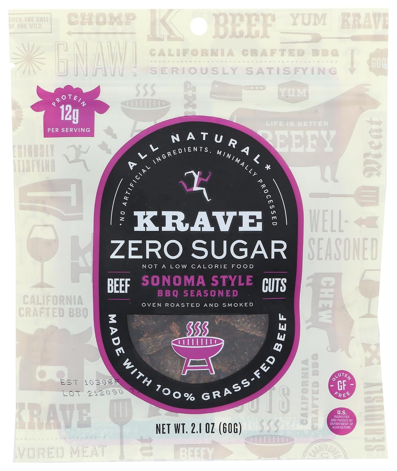 KRAVE Zero Sugar Beef Jerky, Sonoma Style BBQ (2.1 oz) - All Natural ...