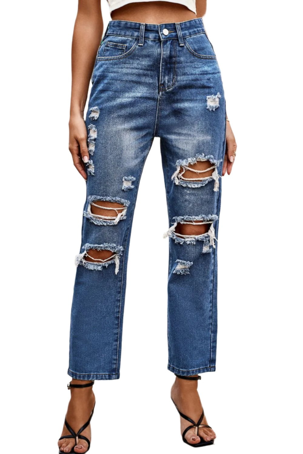 KRE Prime Women Distressed Buttoned Jeans with Pockets - Walmart.com