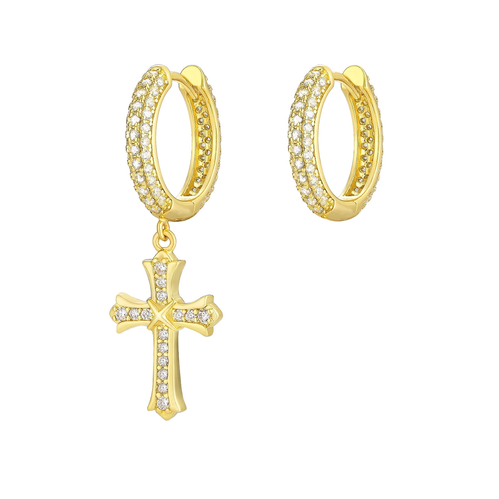 KRKC&CO 14k Gold Plated Cross Earrings for Men, Sterling Silver Hoop Earrings with Cubic ...