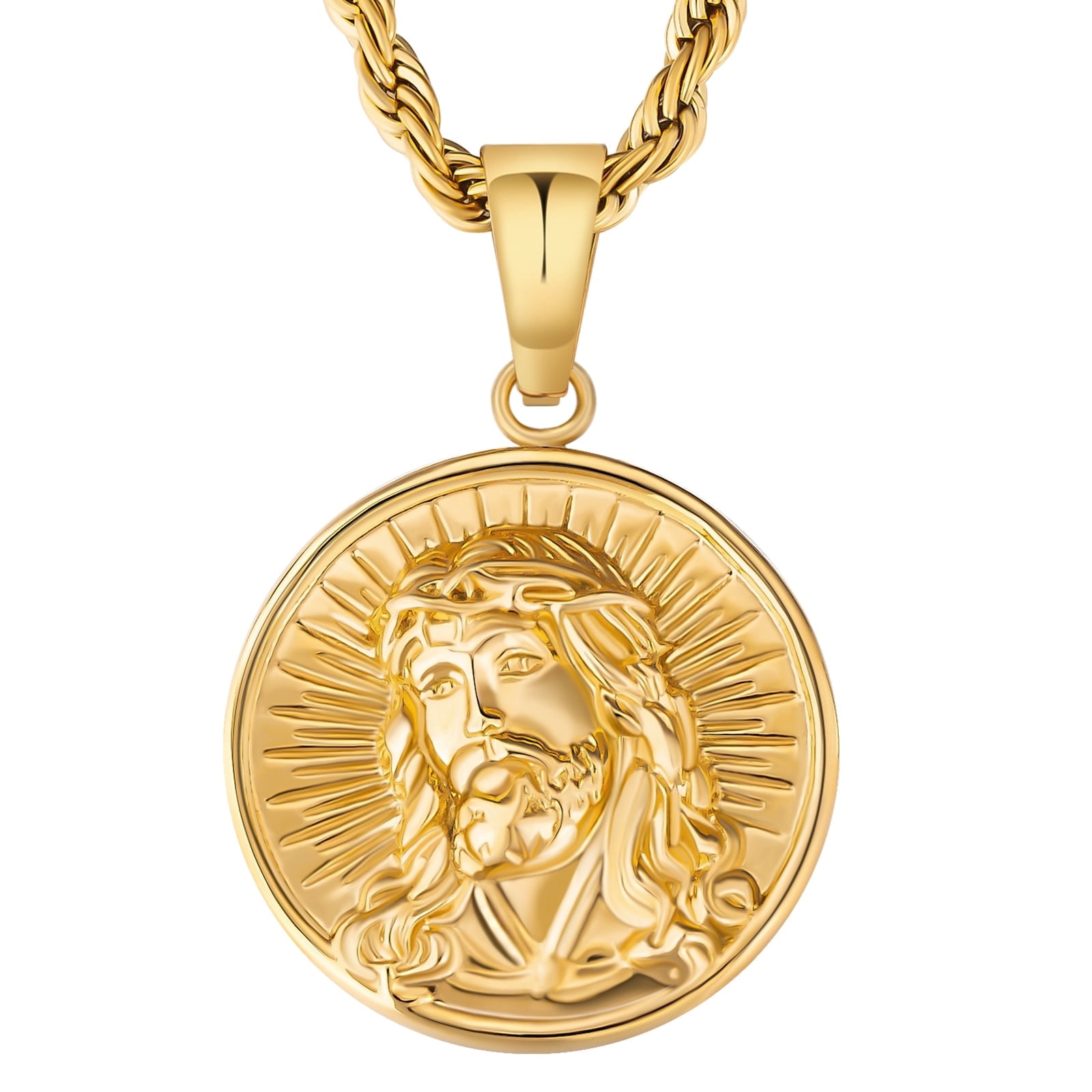 KRKC&CO Coin Pendant Medallion Necklace, Jesus Circle 18k Gold Vintage ...