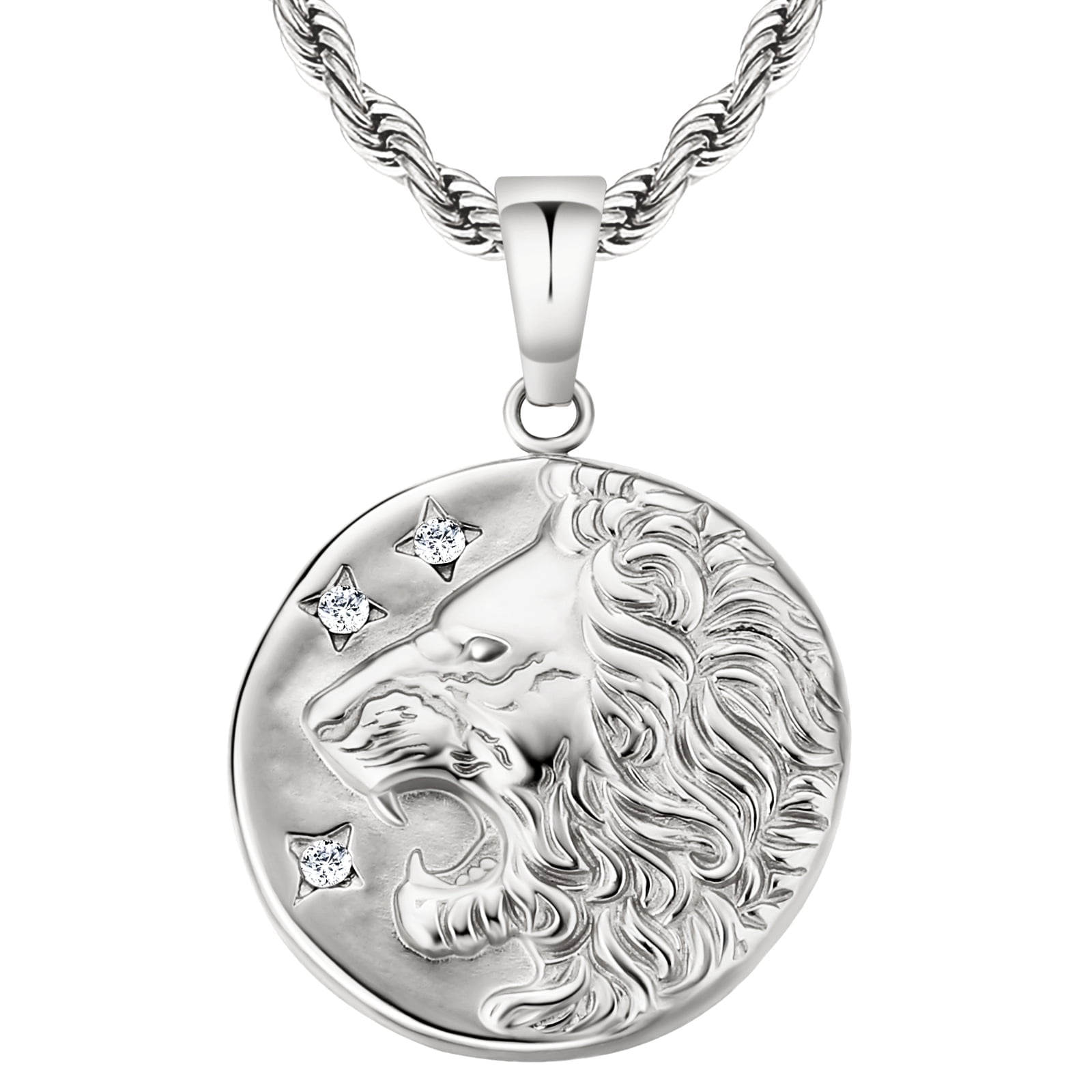 KRKC&CO Coin Pendant Medallion Necklace, Lion Circle White Gold plated ...