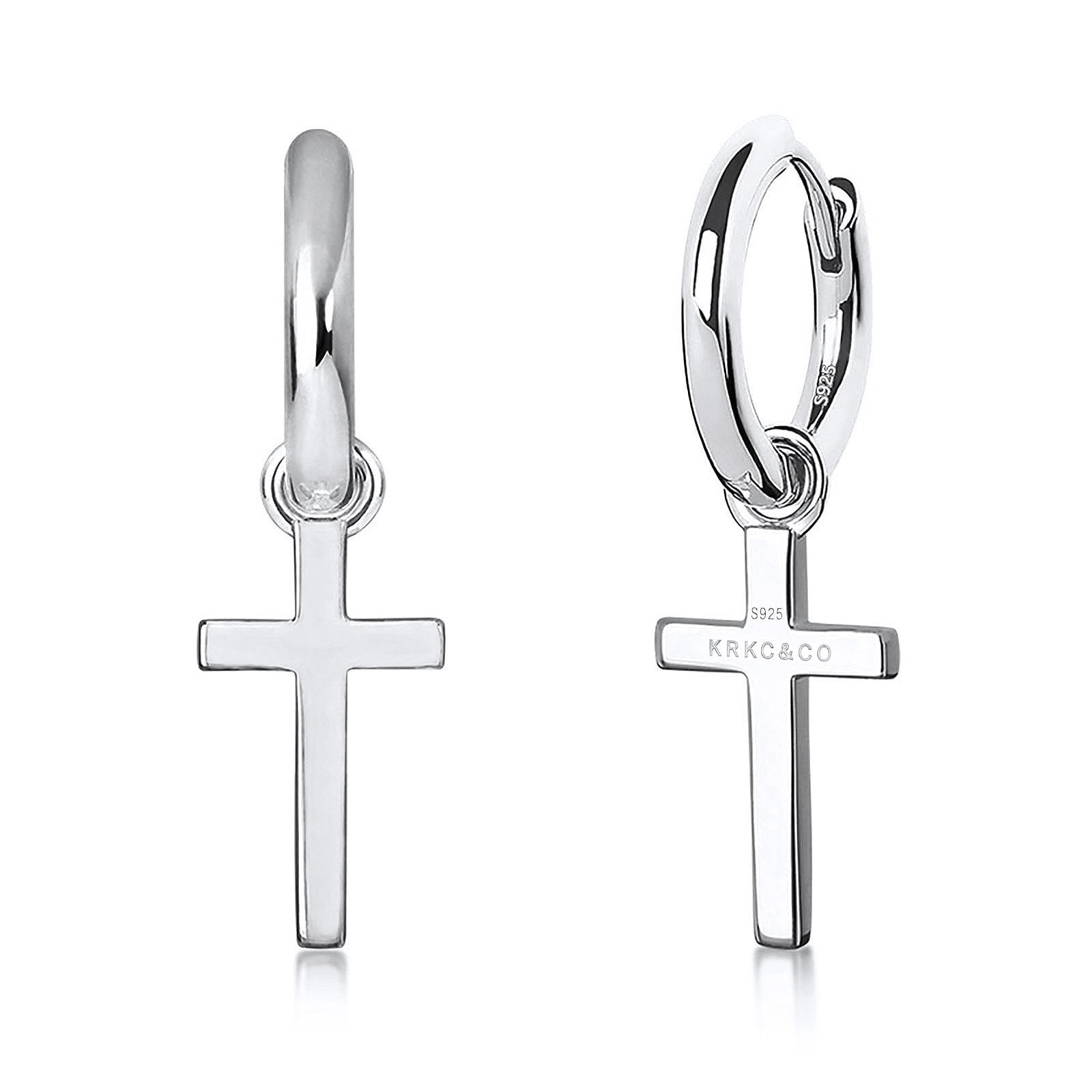 KRKC&CO White Gold Plated Cross Earrings for Men, Sterling Silver Hoop ...