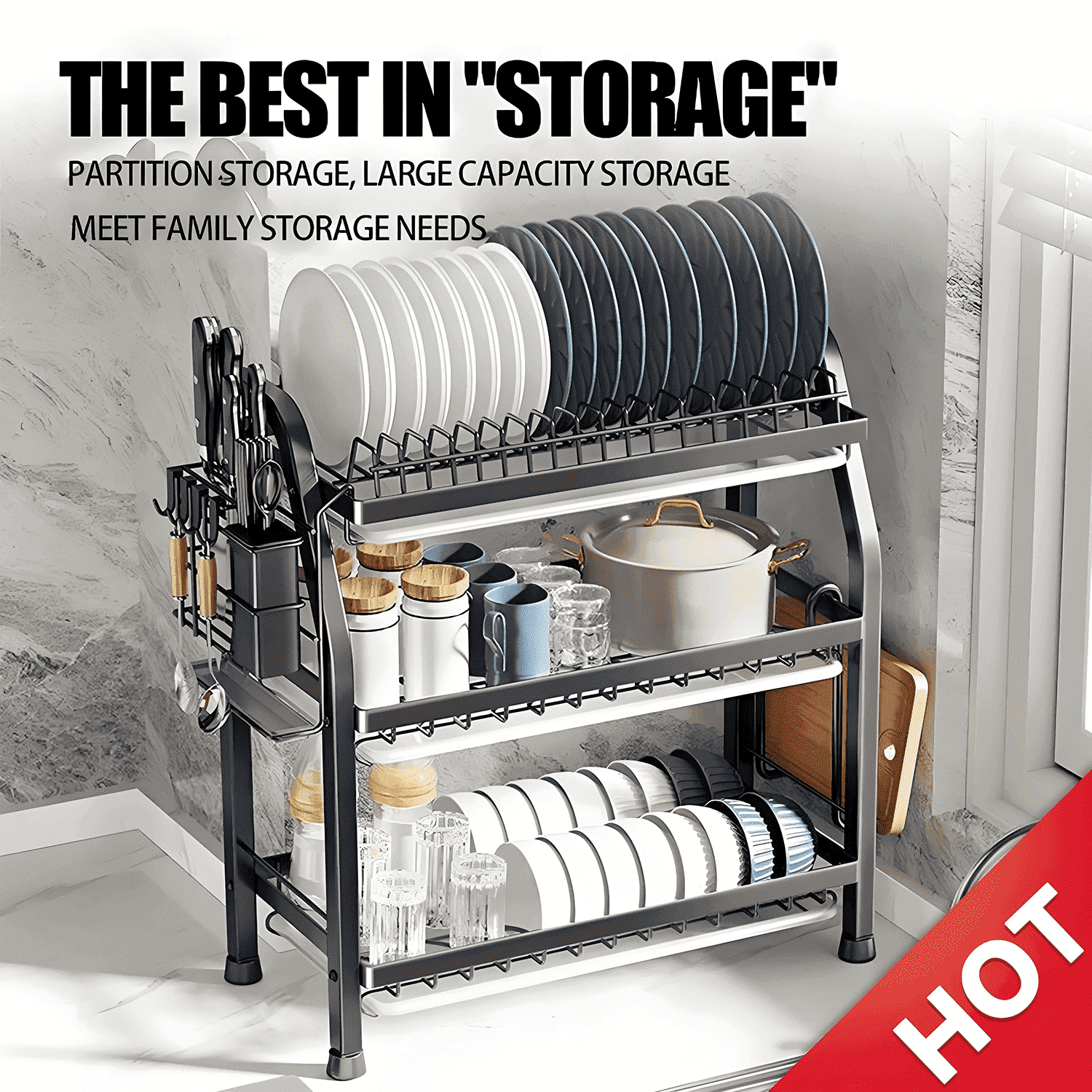 KRKZ 3-Tier Dish Rack - Steel Kitchen Drainer for Dishes, Utensils ...