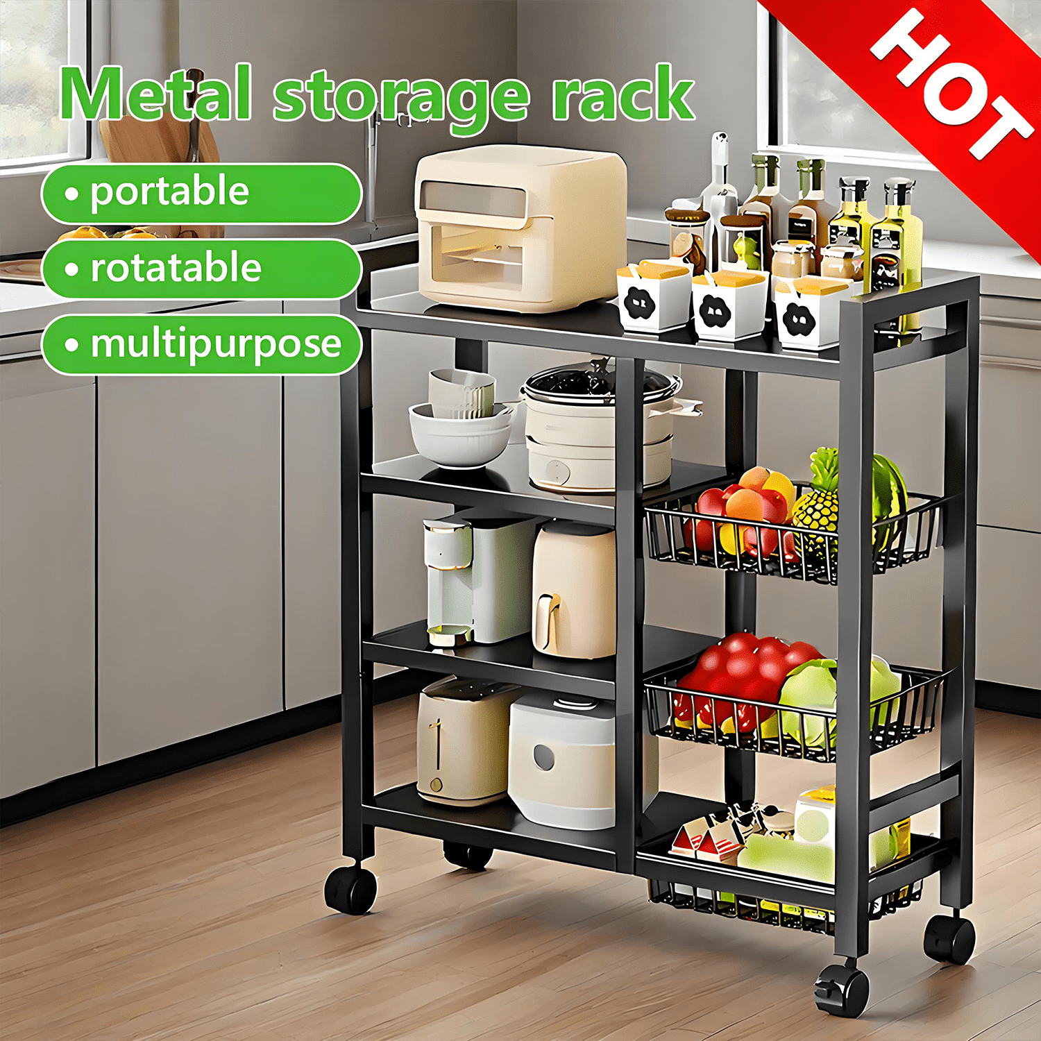 KRKZ Black Adjustable Kitchen Storage Rack - Mobile Metal Shelf with ...