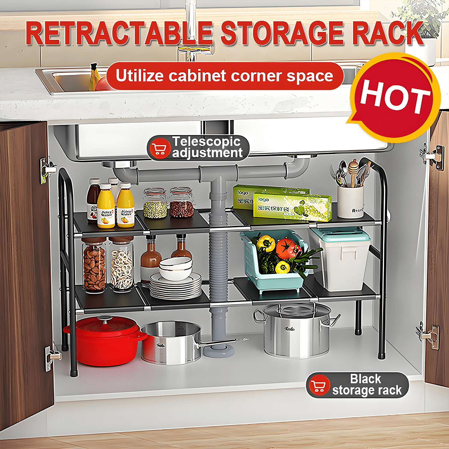 KRKZ 1PC Expandable 2-Tier Under Sink Organizer - Adjustable Metal ...