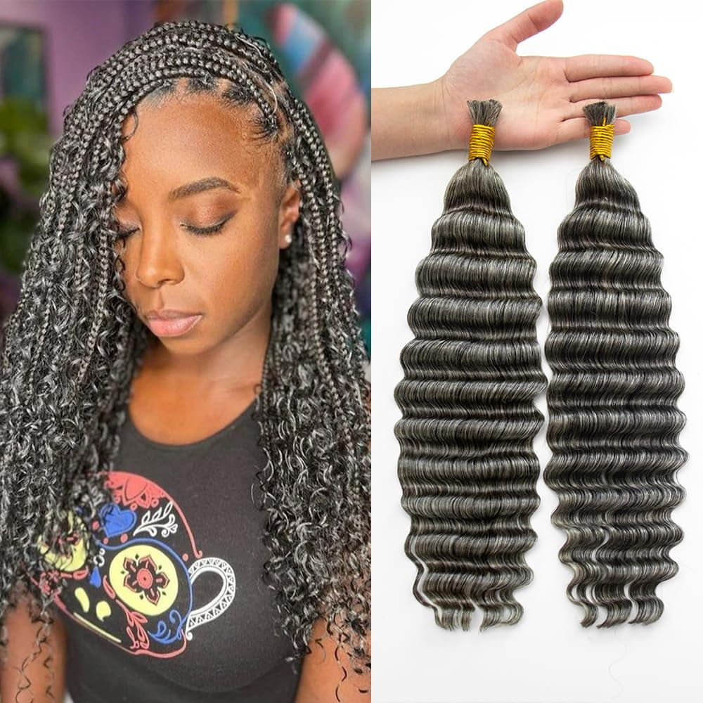 KRN Grey Braiding Human Hair Deep Wave Bulk, 2 Bundles/Pack 100g 12A Grade Salt And Pepper ...