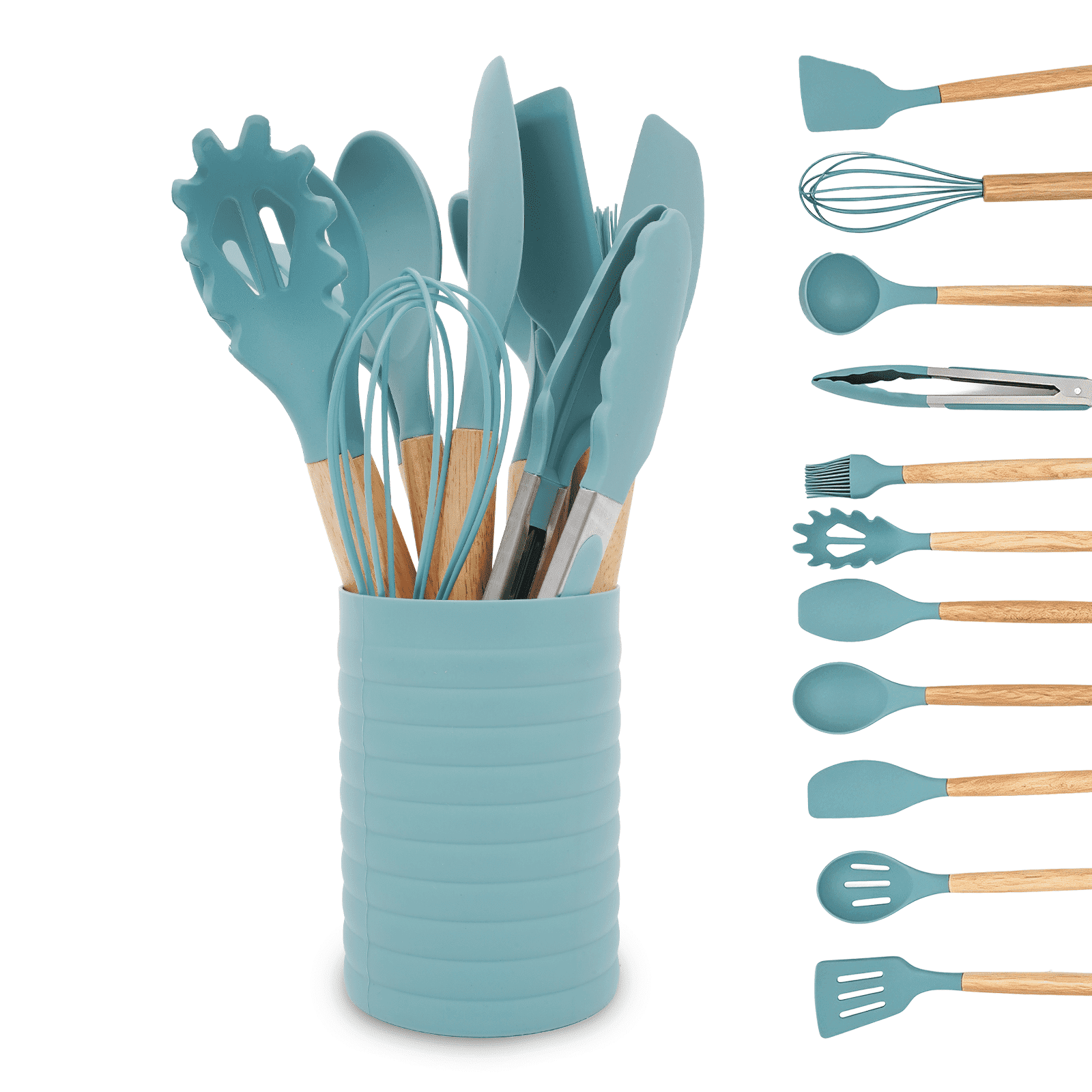 KSENDALO Small Silicone Utensils Set, 12 Pack, Aqua with Wooden Handle ...
