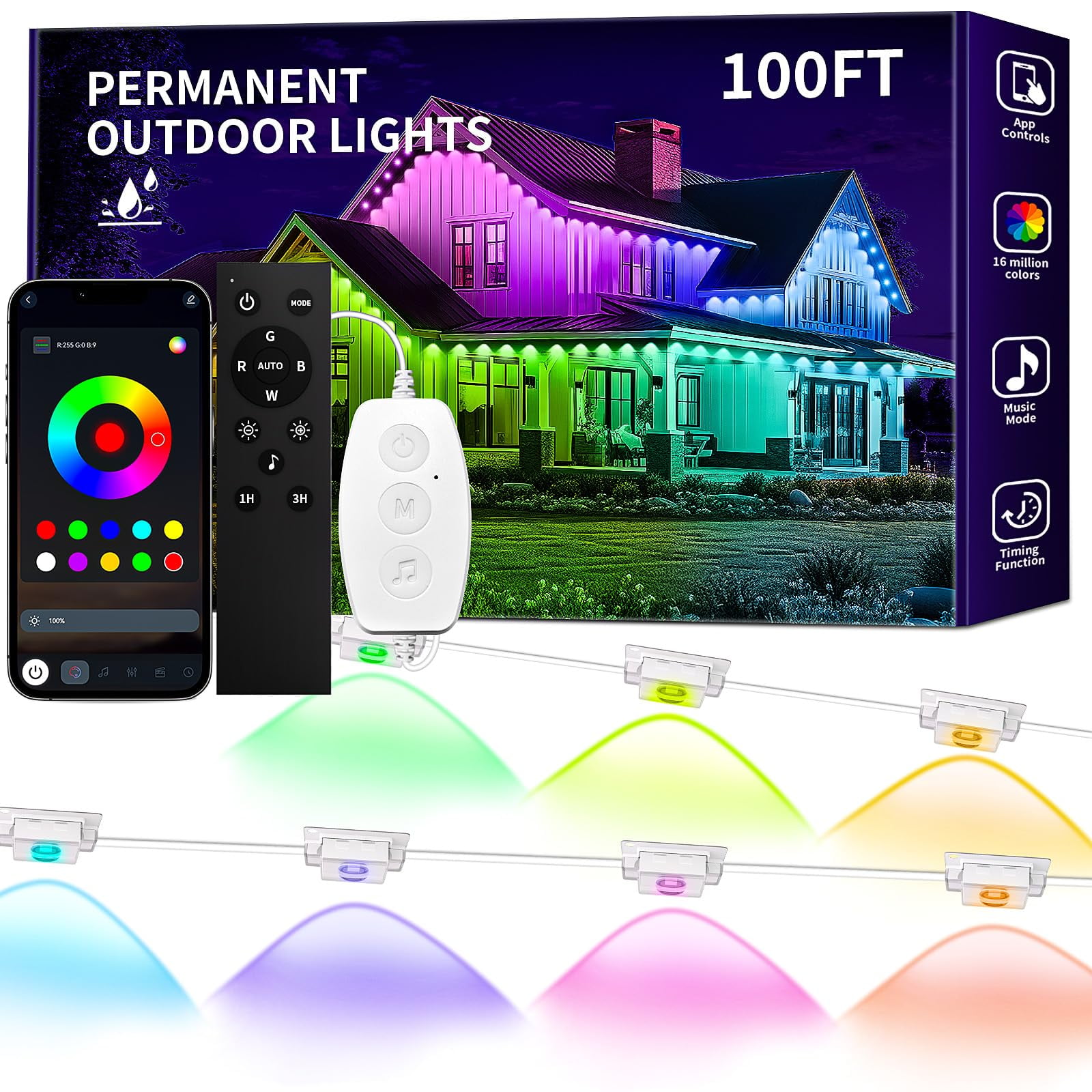 KSIPZE 100ft(2x50ft) Permanent Outdoor Lights Waterproof IP67, Smart ...