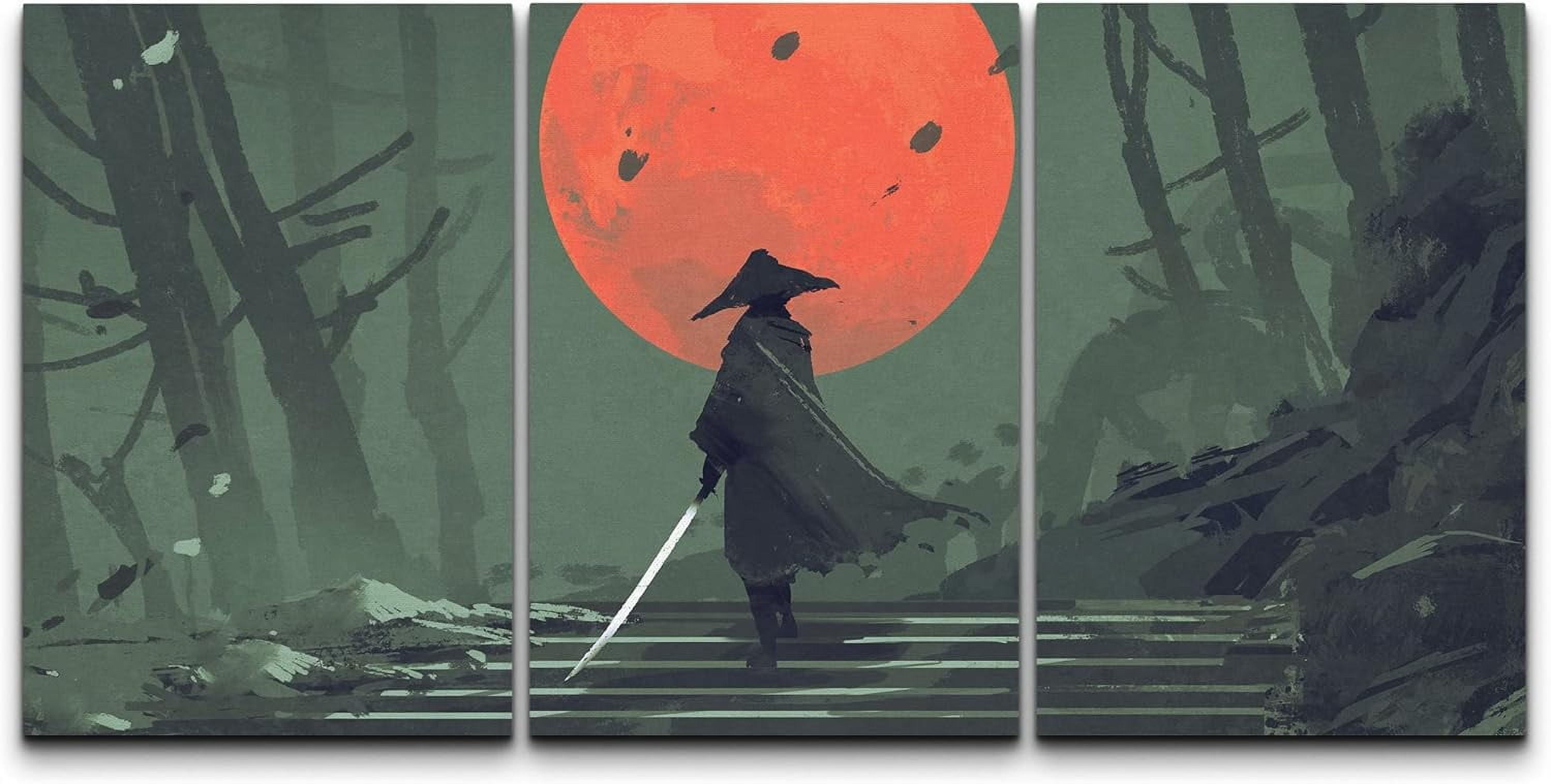 KSIW-- 3 Piece Canvas Wall Art - Illustration - Samurai Standing on ...