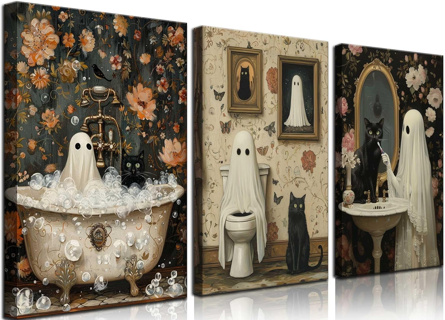 KSIW-3Pcs Halloween Ghosts Canvas Wall Art Ghost on ToiletBlack Cat ...