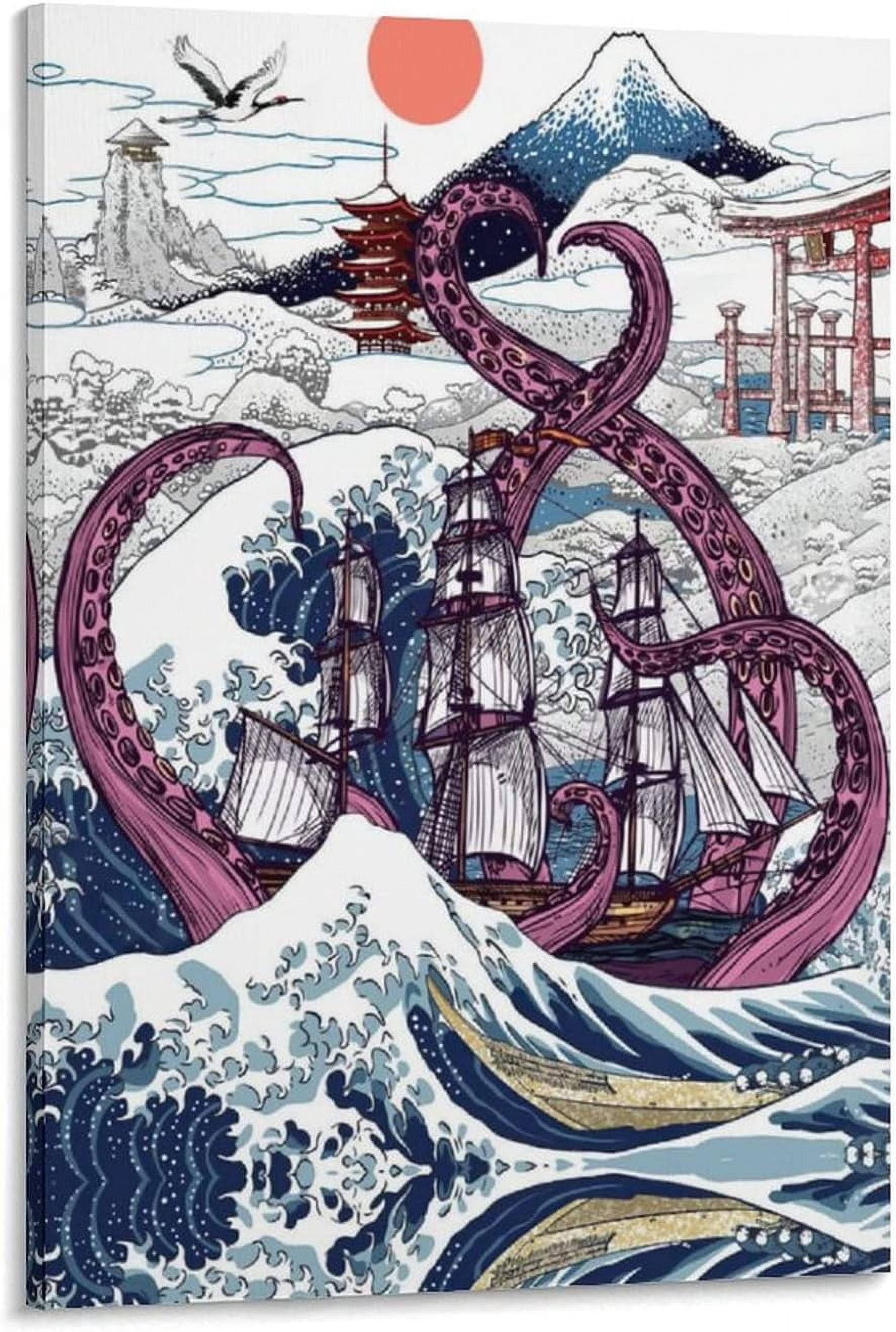 KSIW-Anime Nautical Octopus Canvas Poster,Abstract Japanese Wave Mount ...