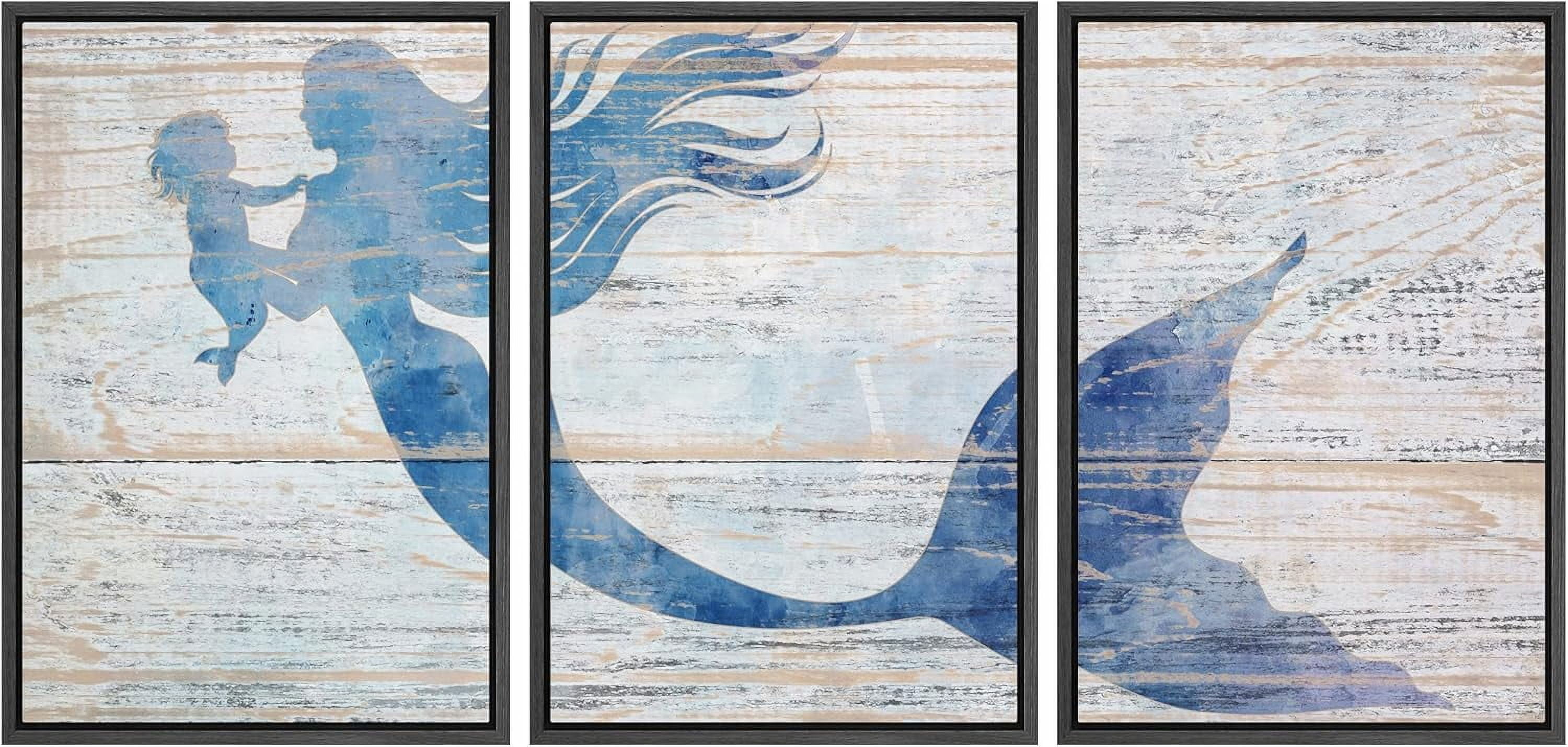 KSIW- Canvas Print Wall Art Set Blue Watercolor Mermaid & Baby on Wood ...