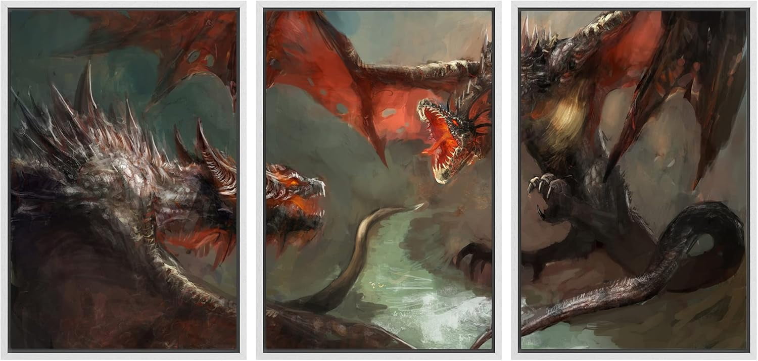 KSIW- Canvas Print Wall Art Set Dueling Mystic Ancient Dragons Fantasy ...