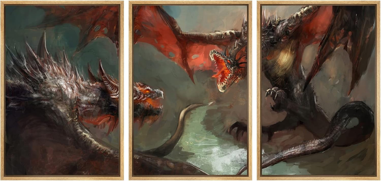 KSIW- Canvas Print Wall Art Set Dueling Mystic Ancient Dragons Fantasy ...